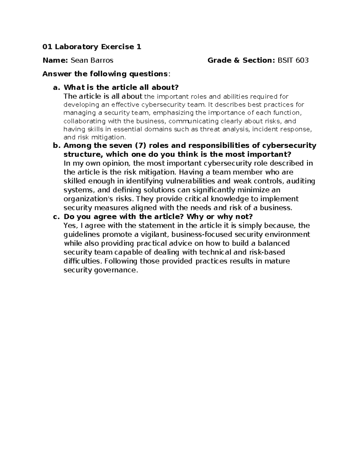 Laboratory Exercise 1: Key Roles in Cybersecurity Teams (BSIT 603 ...