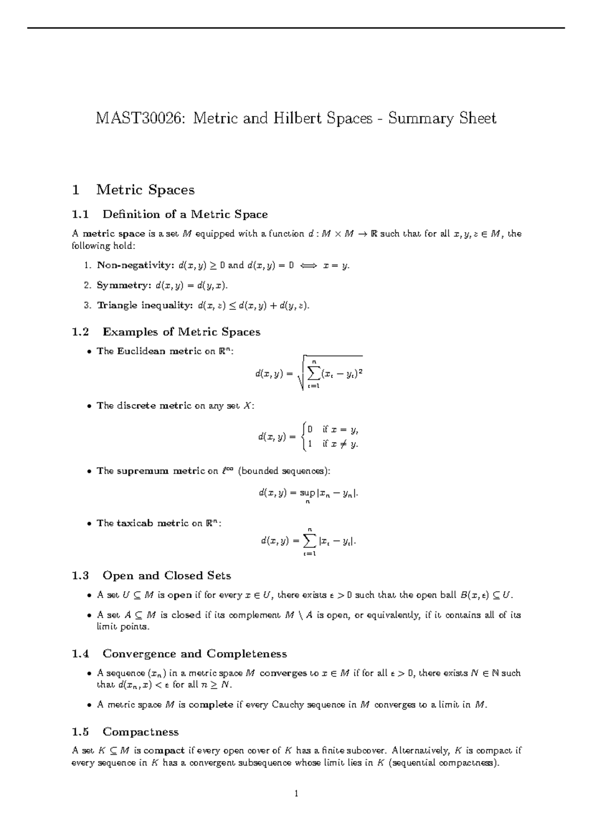 MAST30026: Summary of Metric and Hilbert Spaces Concepts - Studocu
