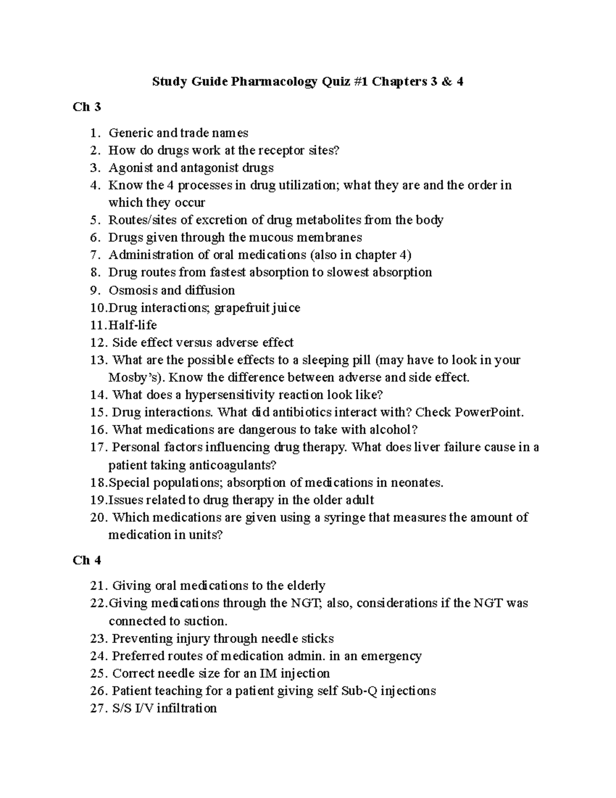 Study Guide Pharm Quiz 1 (Ch 3 and 4) - Study Guide Pharmacology Quiz ...