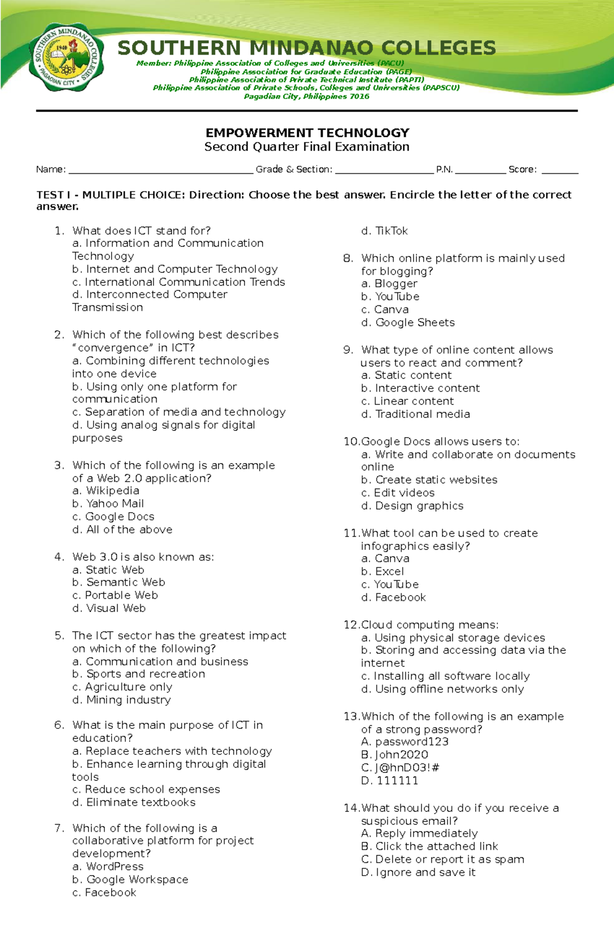 Southern Mindanao College EMPOWERMENT TECHNOLOGY 2nd Qtr Final Exam ...