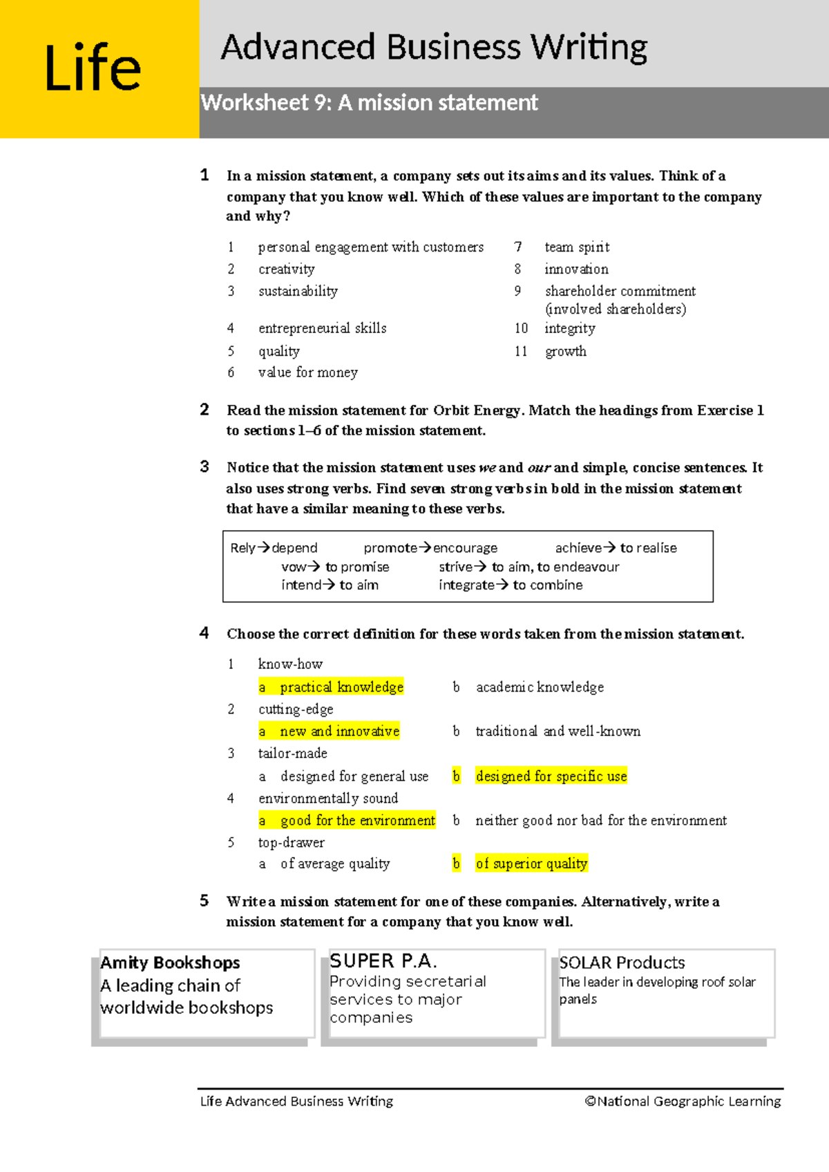 Life Advanced Business Writing Worksheet 9: Crafting a Mission ...
