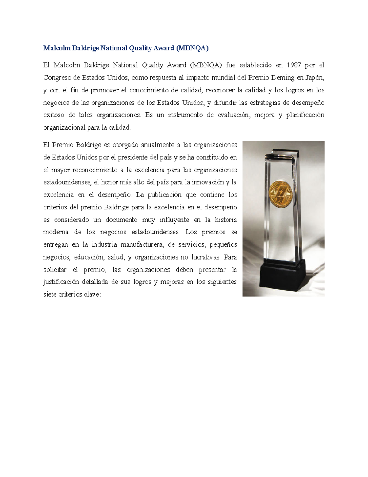 Premio Malcolm Baldrige a la Calidad (MBNQA): Evaluación y Mejora - Studocu