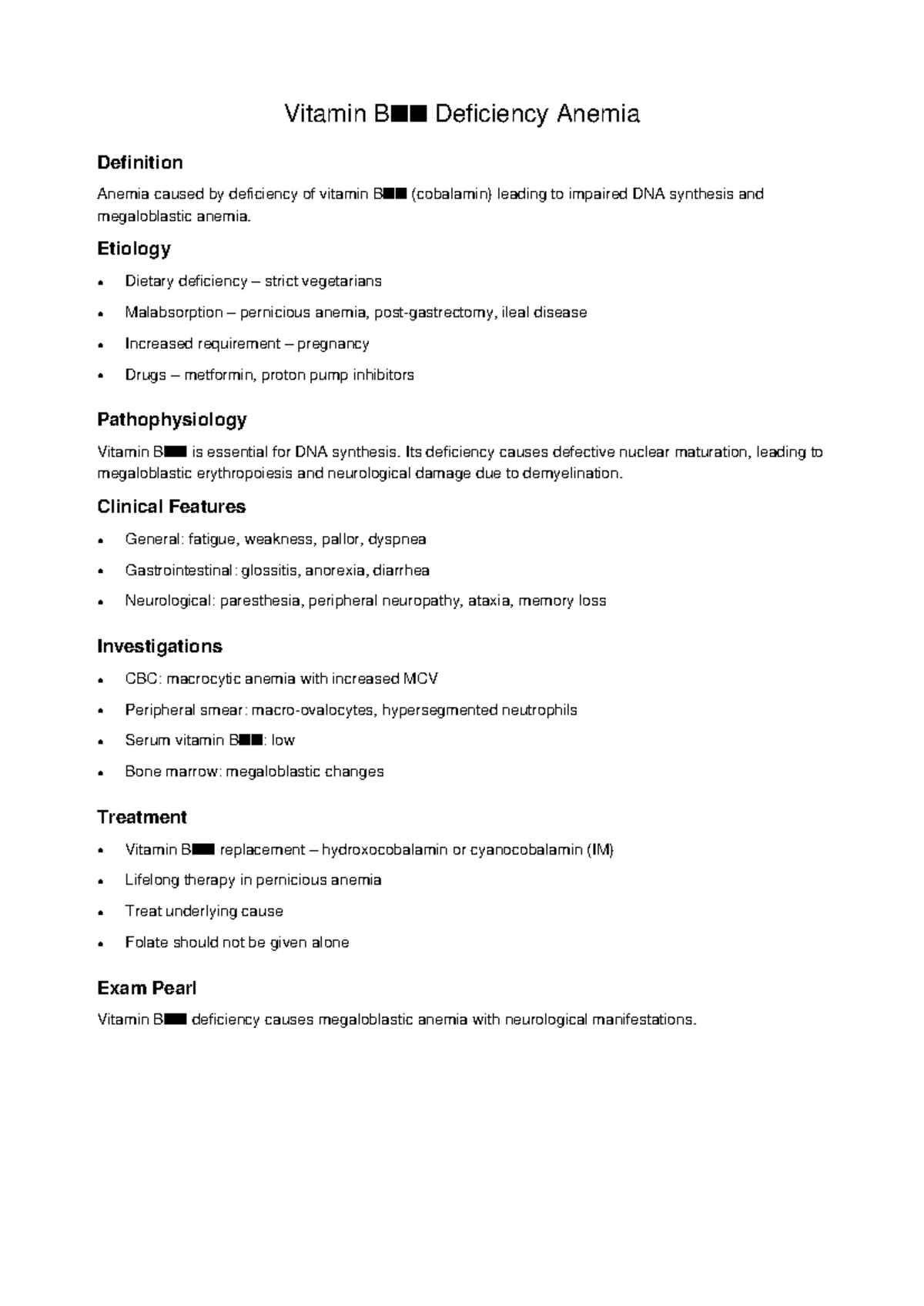 Vitamin B12 Deficiency Anemia Overview - MBBS - Studocu