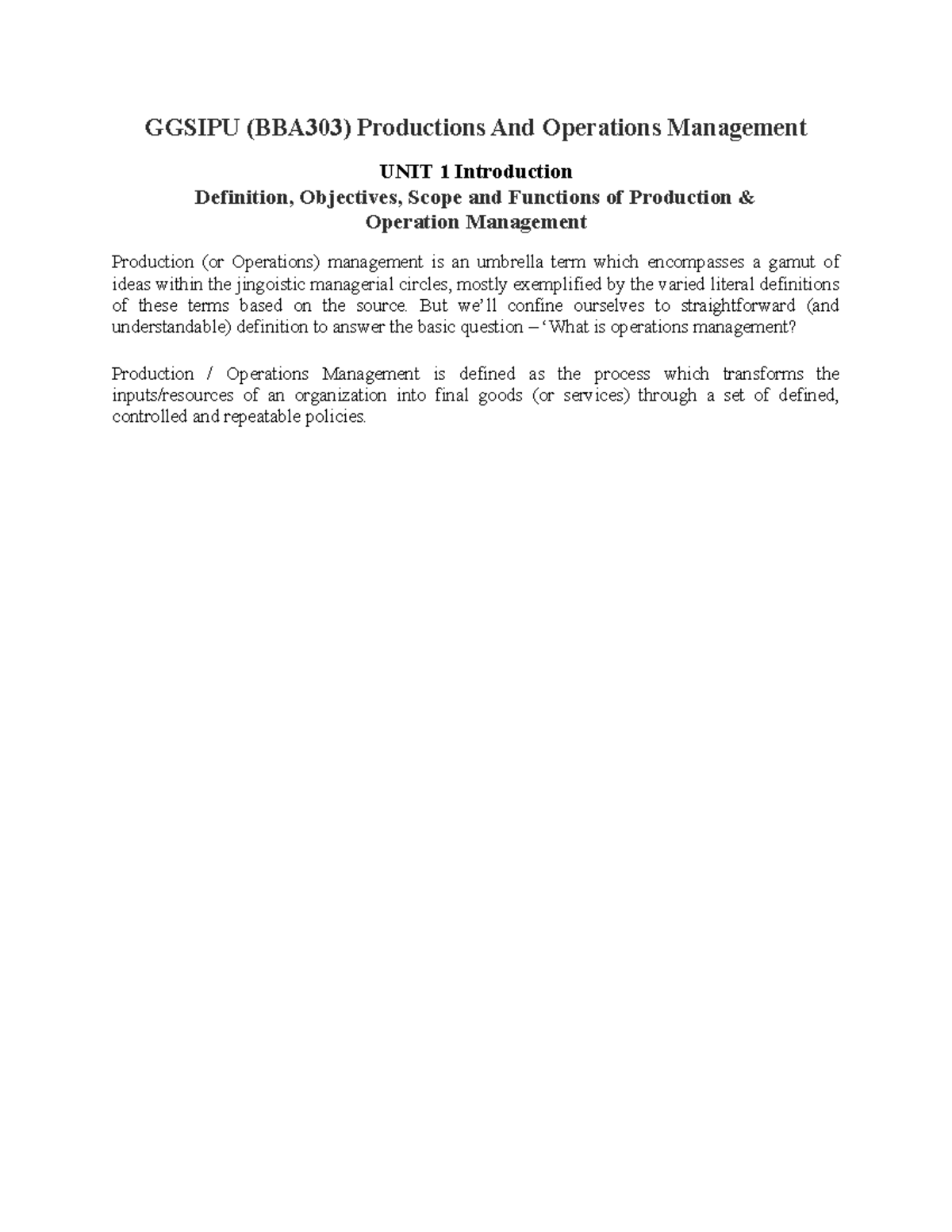 BBA303 Productions and Operations Management Unit 1 Notes - Studocu