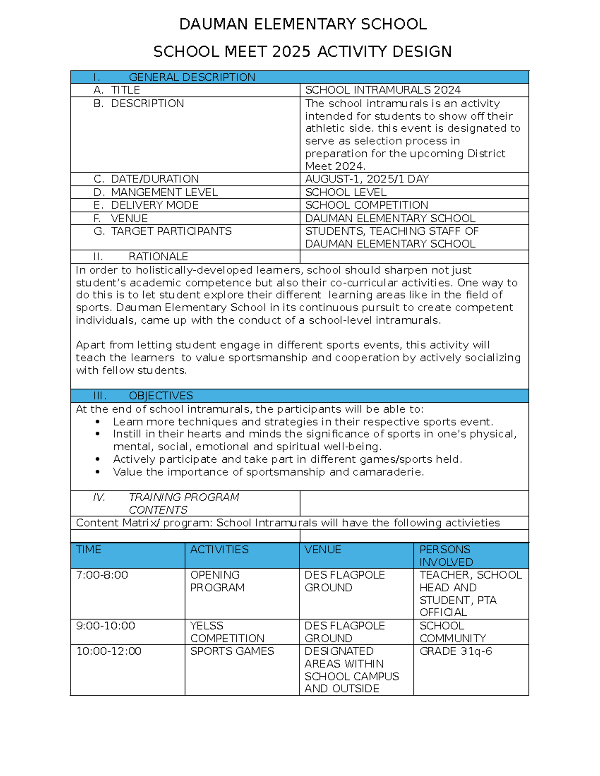 Dauman Elementary School Intramurals 2024 Activity Design - Studocu