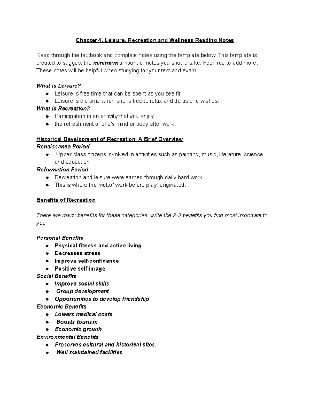 Chapter 4 Reading Notes: Leisure, Recreation & Wellness Insights - Studocu