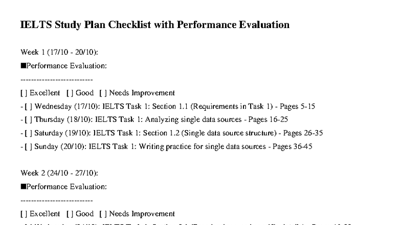 IELTS Study Plan Checklist: Task 1 & Task 2 Weekly Breakdown - Studocu