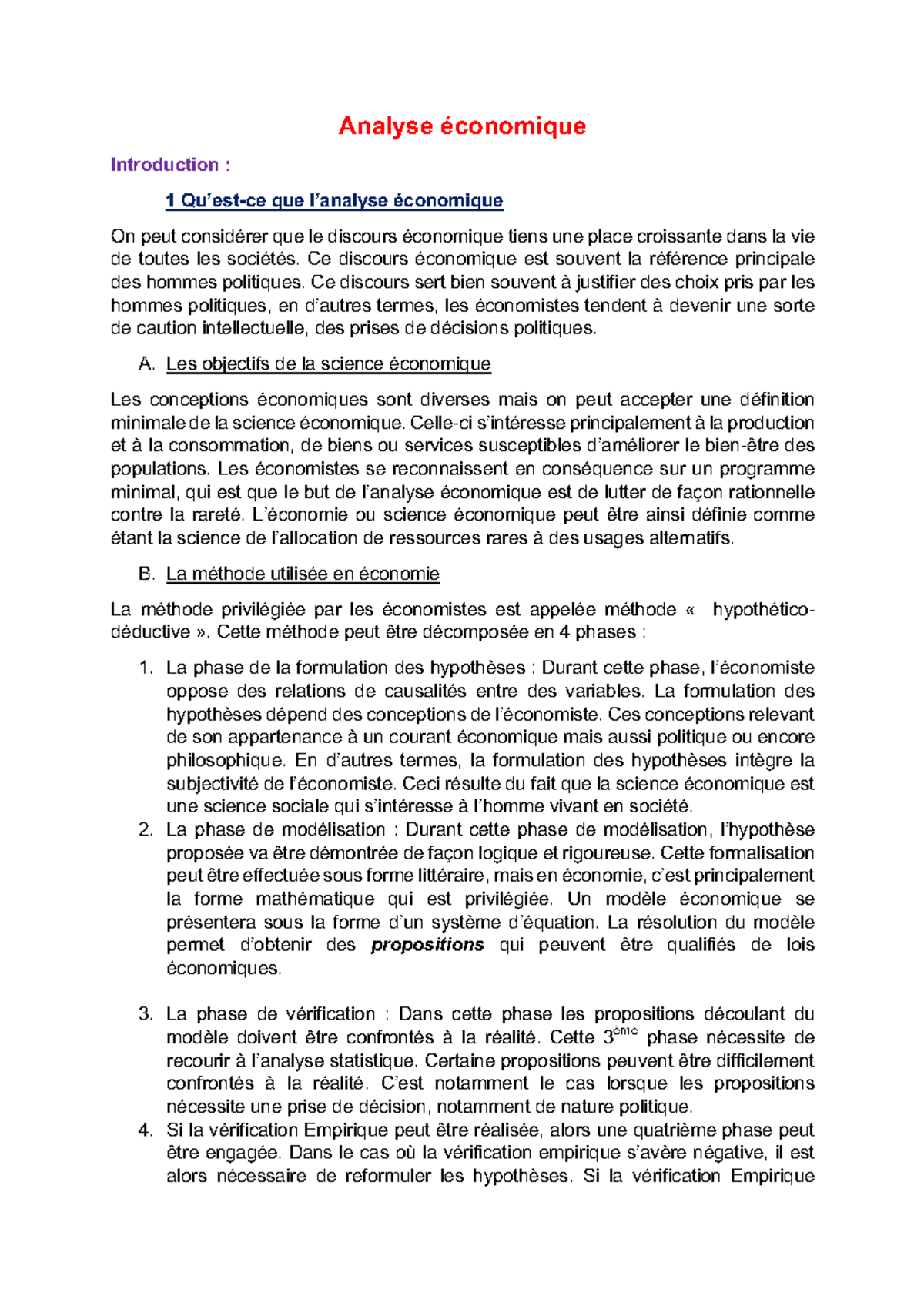 Analyse économique - Cours de L1 AES. - Analyse économique Introduction ...