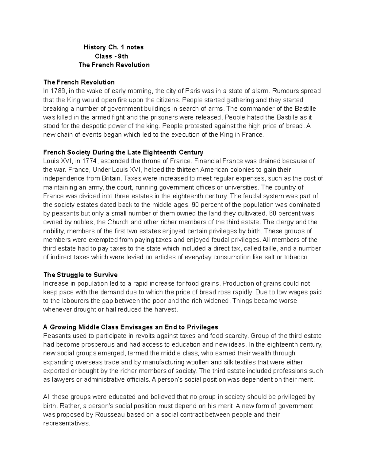 History Ch. 1 Notes: The French Revolution - Class 9th Overview - Studocu