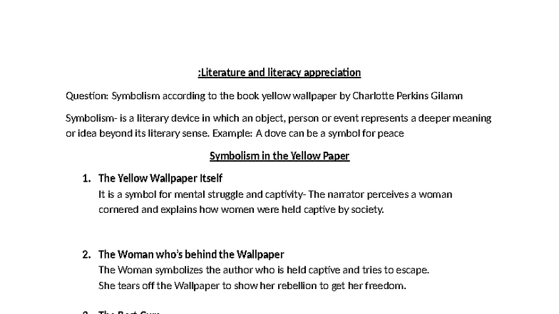 Fundamentals of Literature: Symbolism in "The Yellow Wallpaper" - Studocu