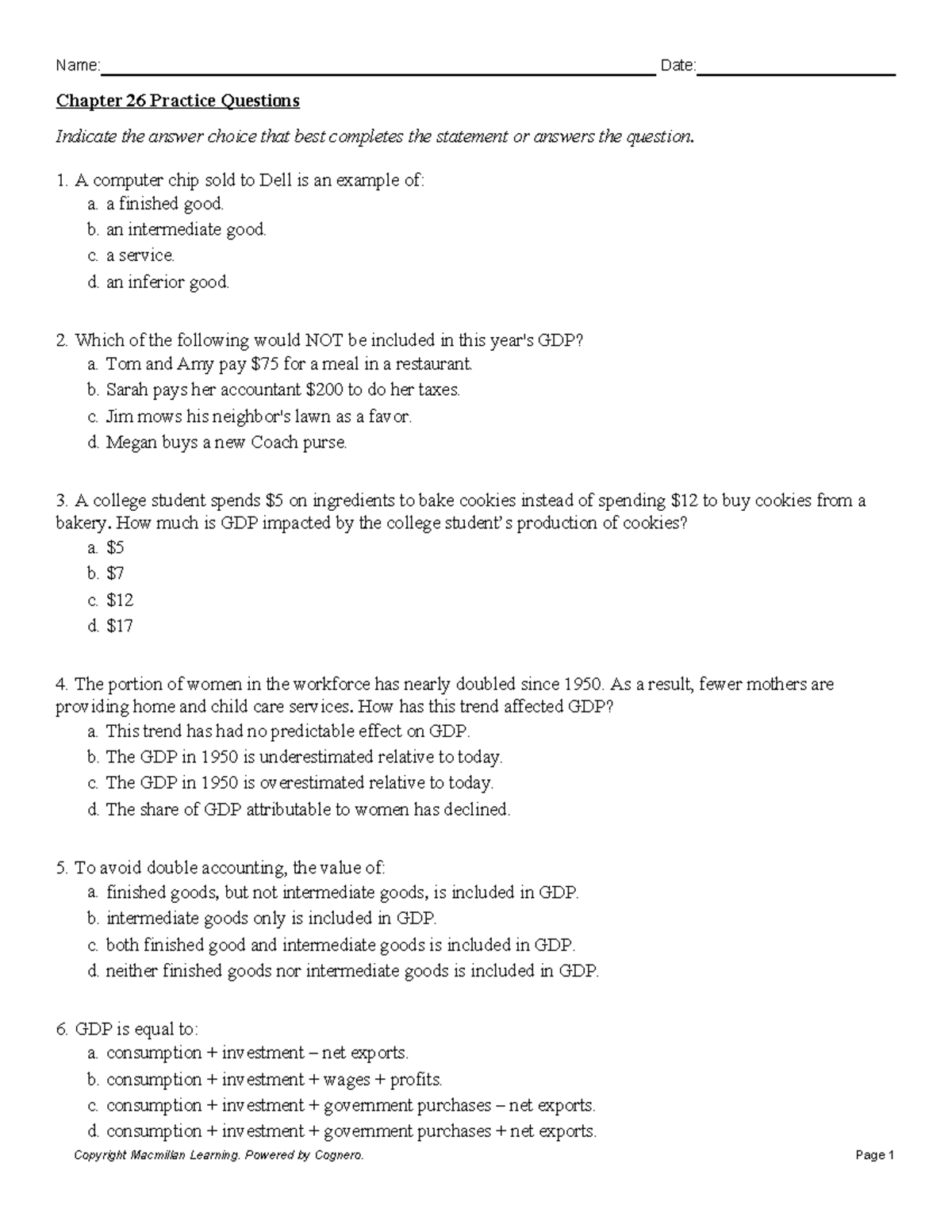 GDP Practice Questions & Answer Key for Econ 101 - Studocu