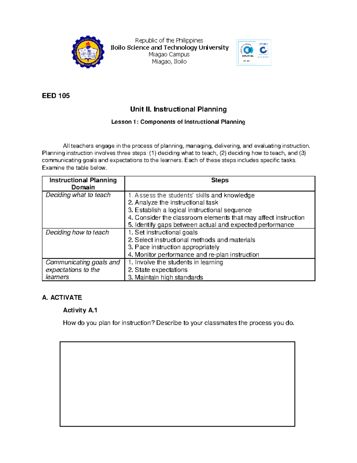 EED 105 - Unit II: Comprehensive Guide to Instructional Planning - Studocu