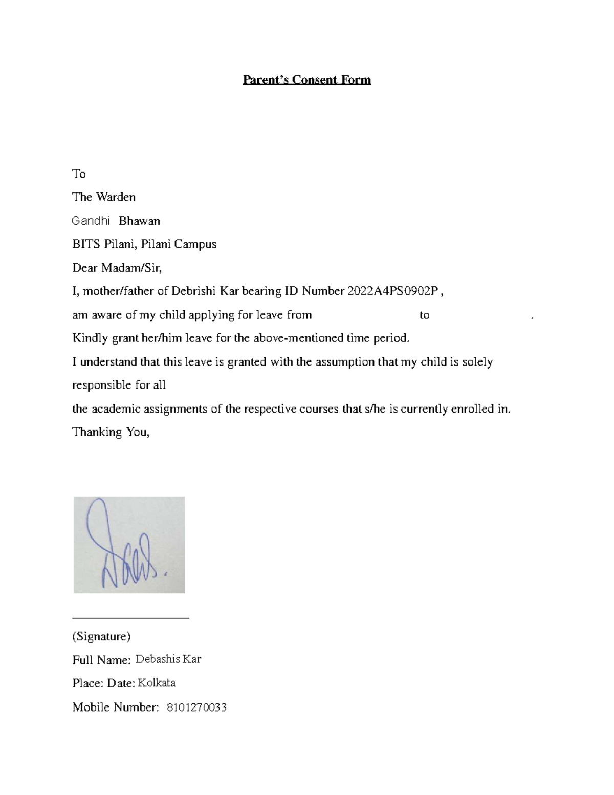 Consent boilerplate - abcd - Parent’s Consent Form To The Warden ...