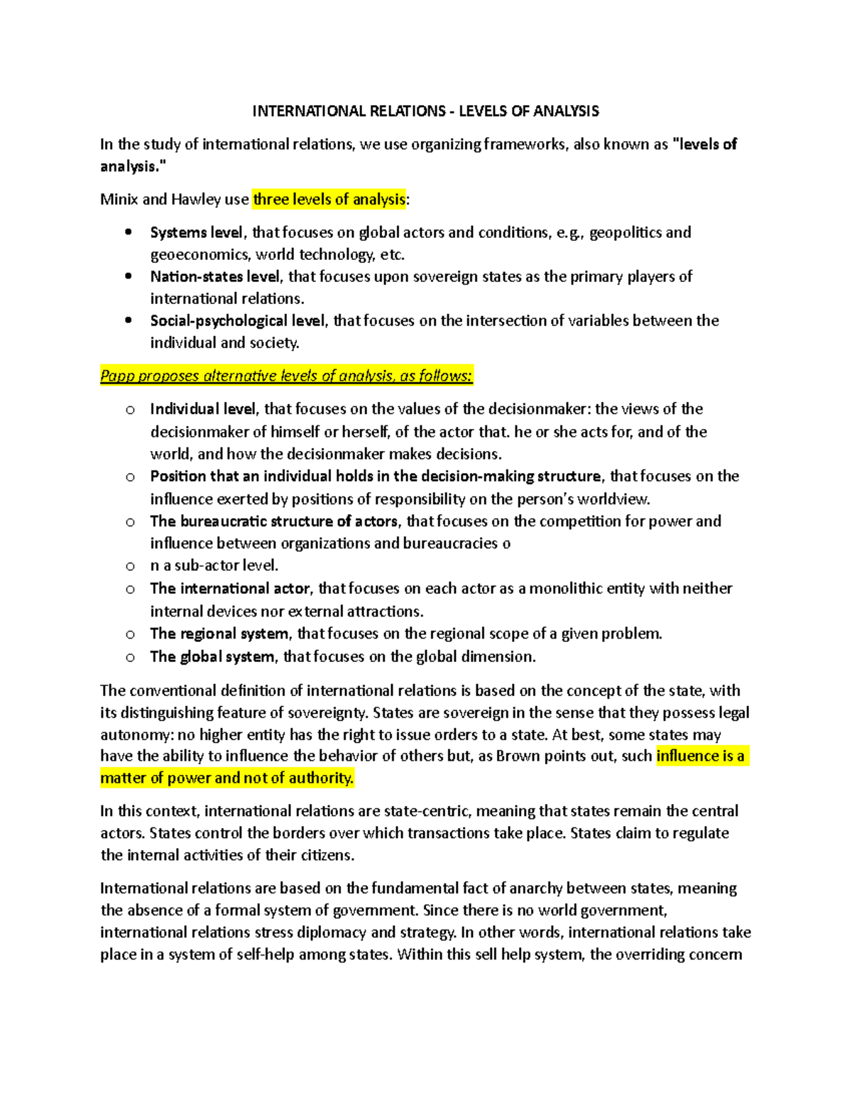 INTERNATIONAL RELATIONS_Lecture 2 - INTERNATIONAL RELATIONS - LEVELS OF ...