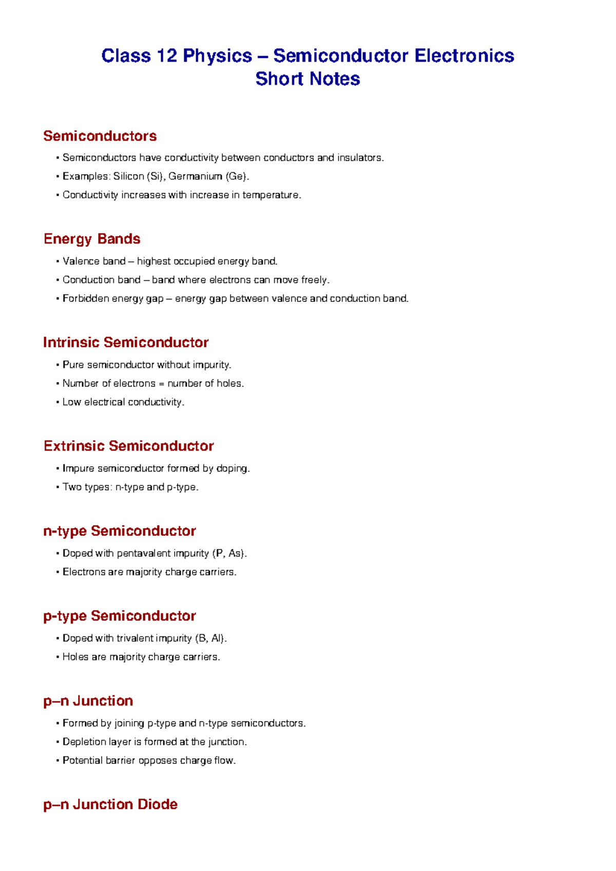 Class 12 Physics: Short Notes on Semiconductor Electronics - Studocu
