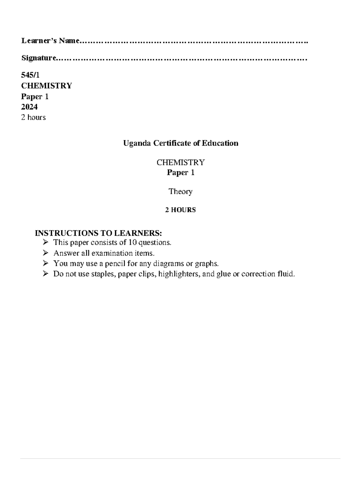 UCE Chemistry Paper 1 Test – 2024 Exam Preparation Guide - Studocu