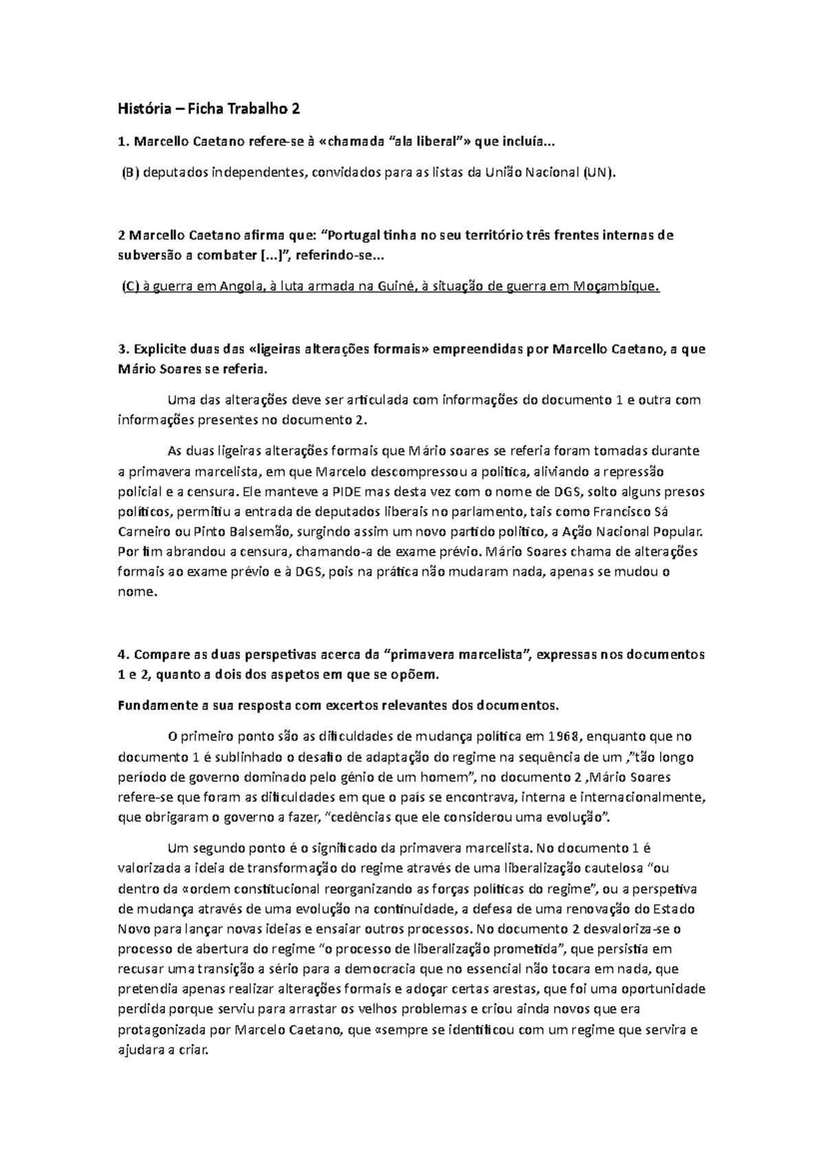 Ficha de Trabalho 2 de História: A Primavera Marcelista e suas ...