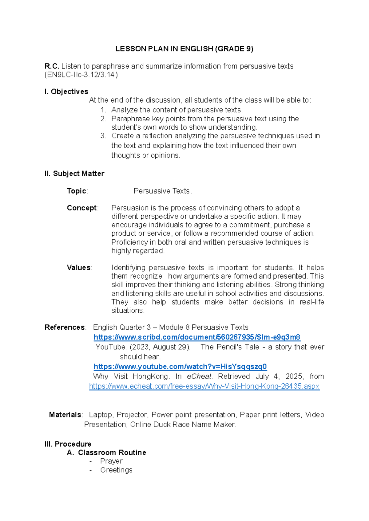 LESSON PLAN: PERSUASIVE TEXTS (GRADE 9) R.C. - Studocu