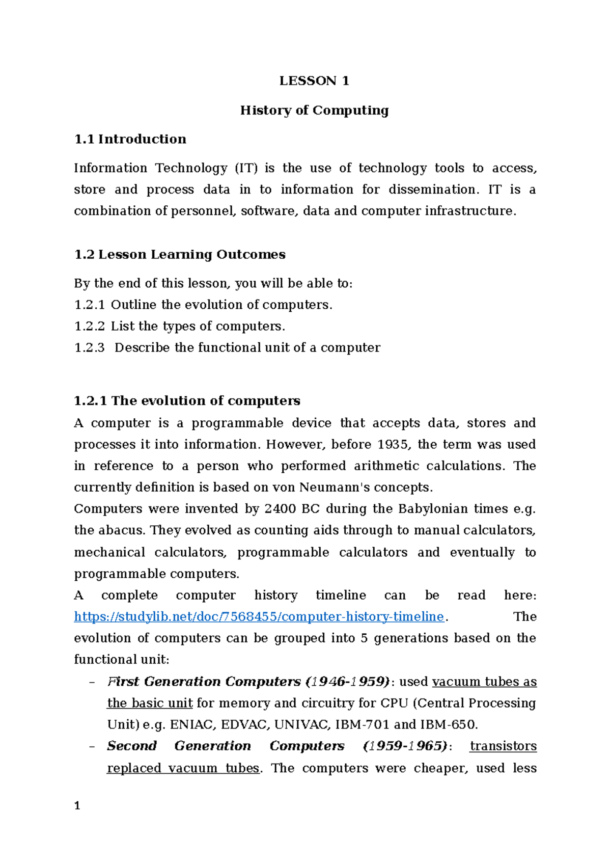 Lesson 1: History of Computing and Functional Units - Studocu