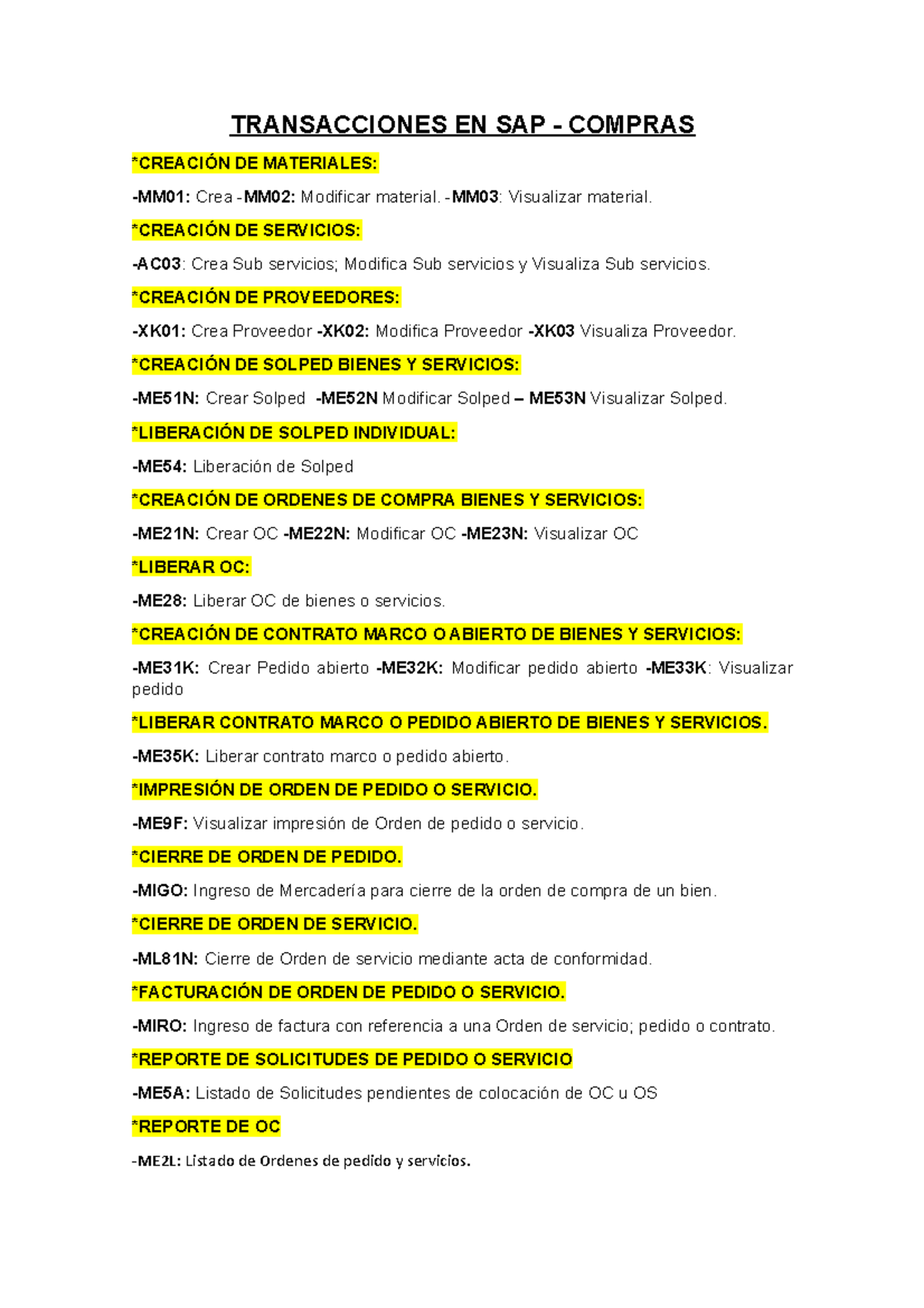 Transacciones SAP en Compras - Material para Logística - Studocu