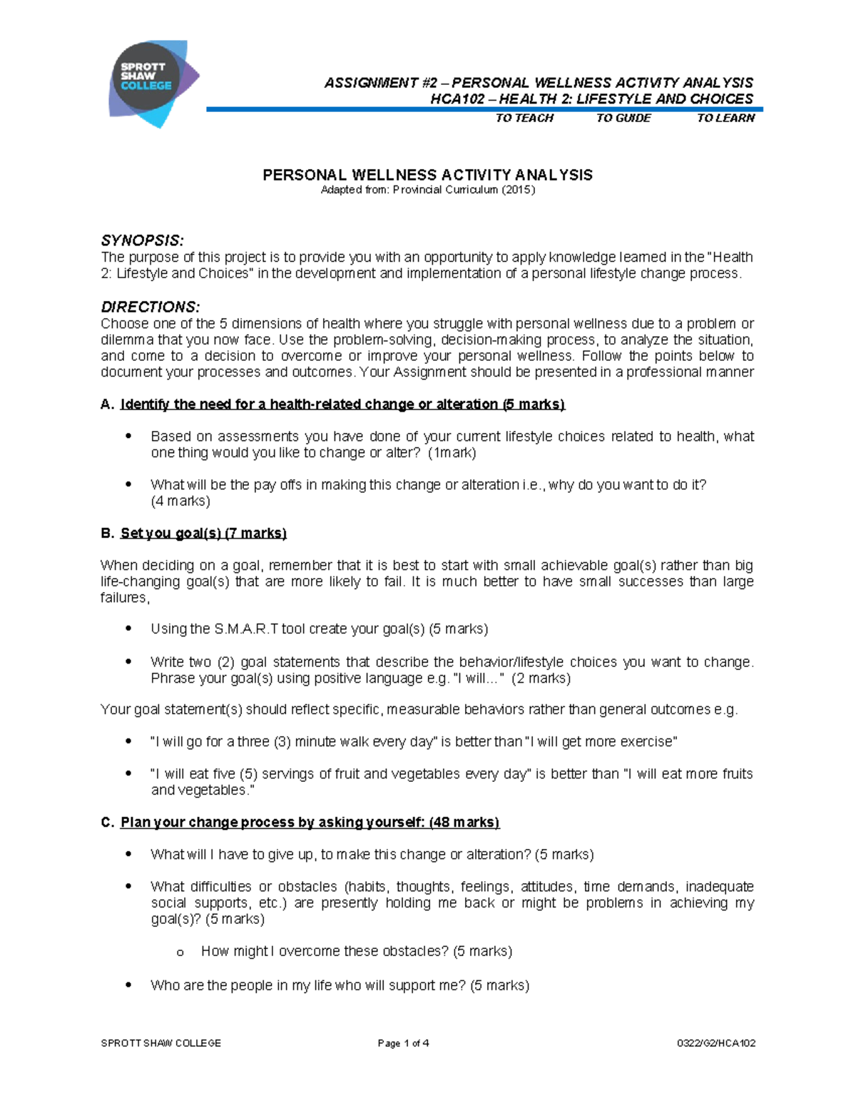 HCA102 - Assignment #2: Personal Wellness Activity Analysis - Studocu