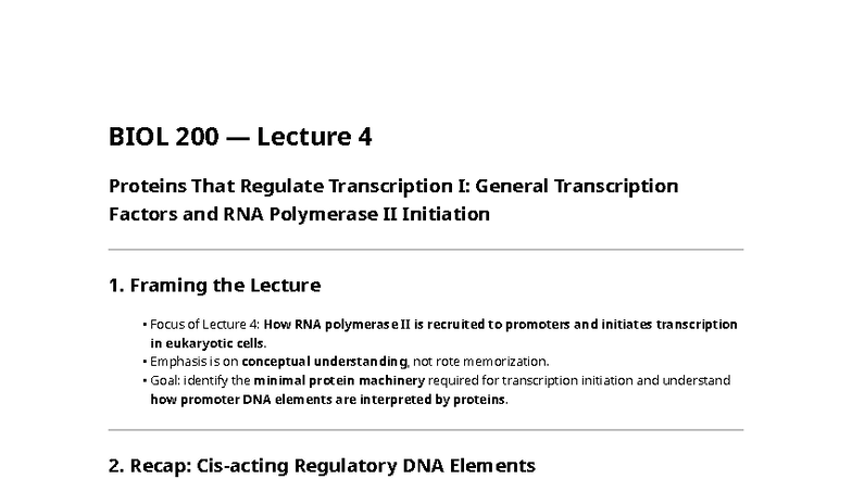 BIOL 200 Lecture 4 Study Notes: General Transcription Factors & RNA Pol ...