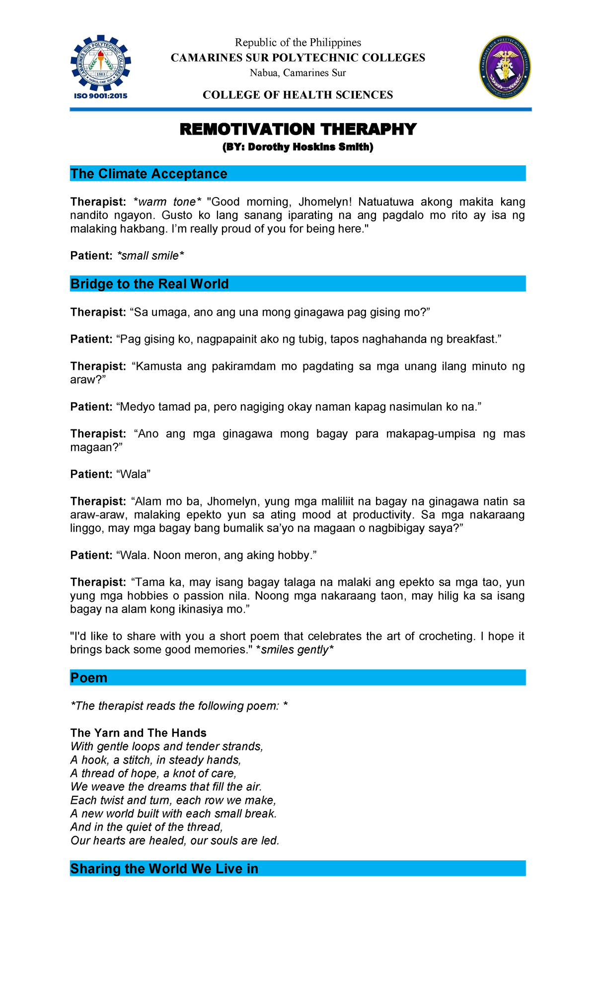 Remotivation- Theraphy - Republic of the Philippines CAMARINES SUR ...