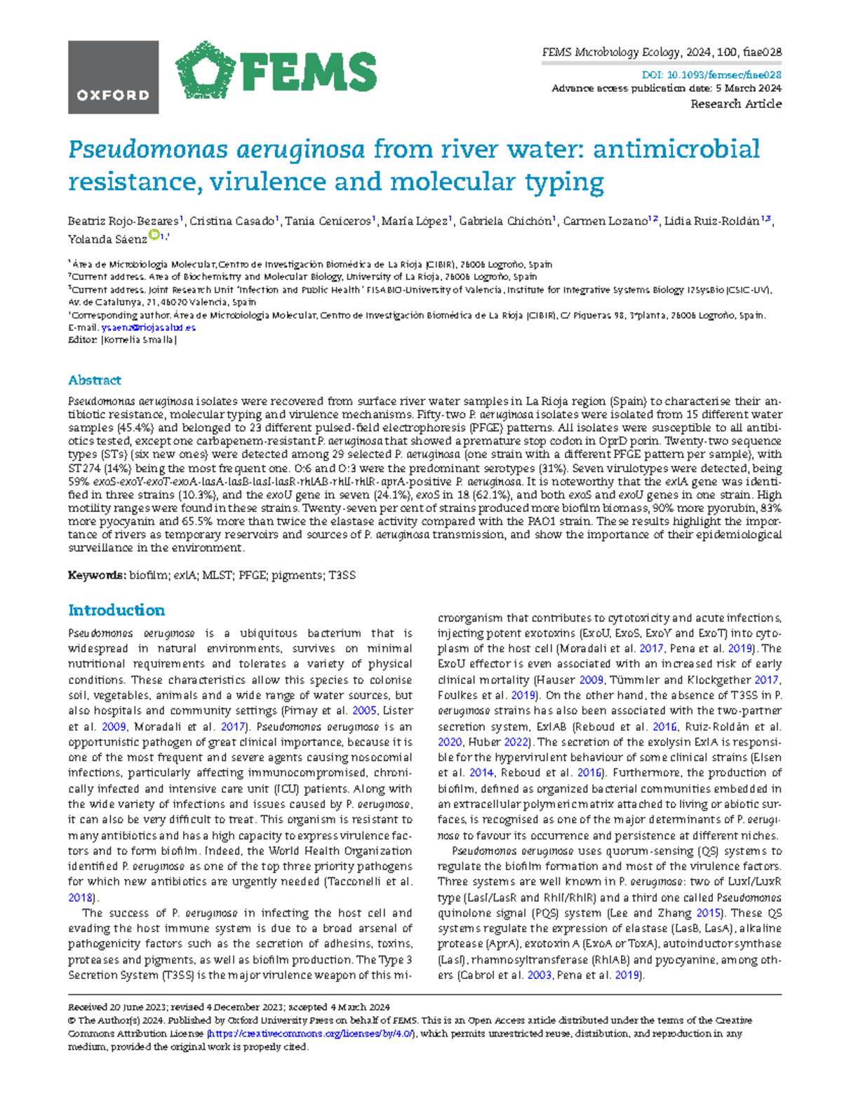 FEMS Microbiology Ecology 2024: Pseudomonas aeruginosa in River Water ...