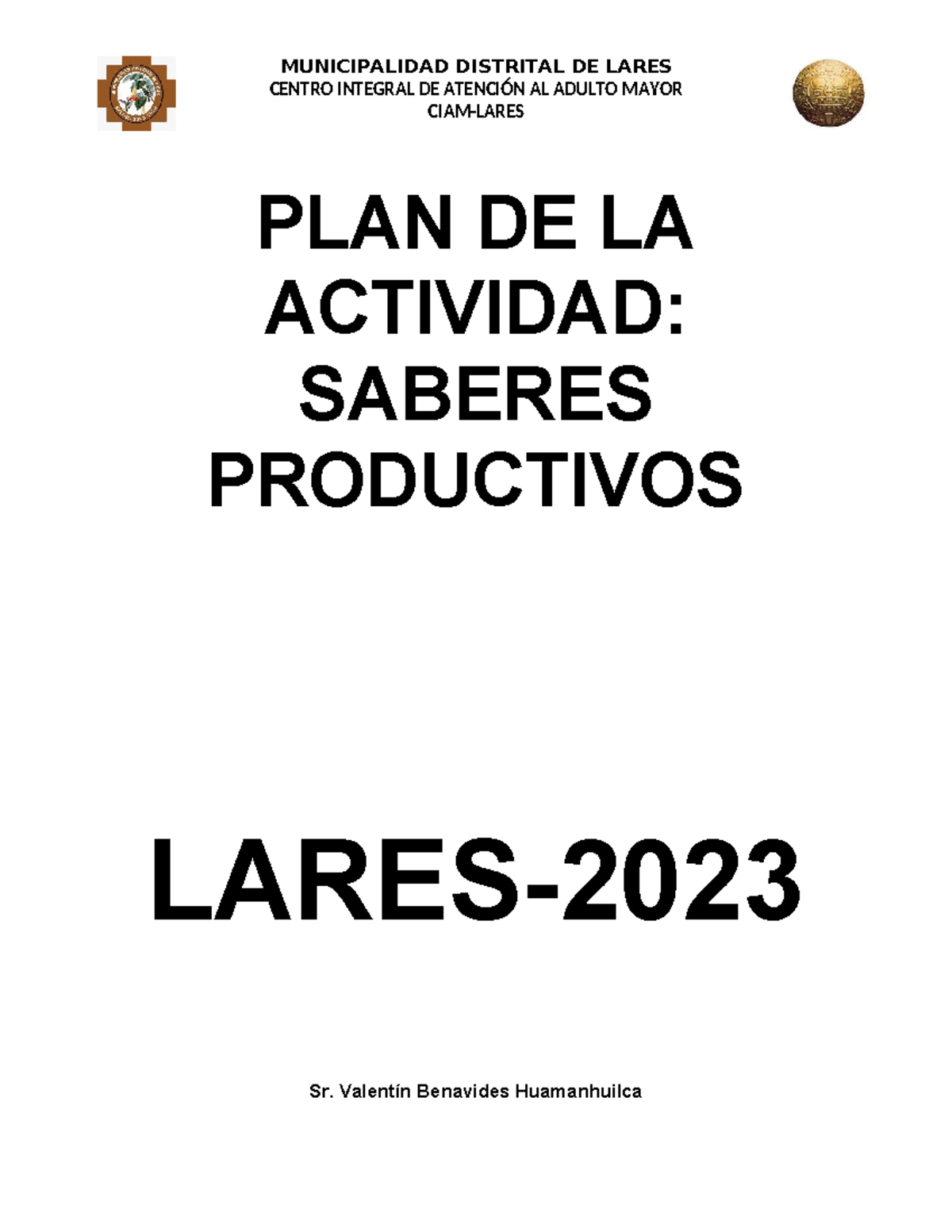Plan de Trabajo para Saberes Productivos - CIAM-LARES - Studocu