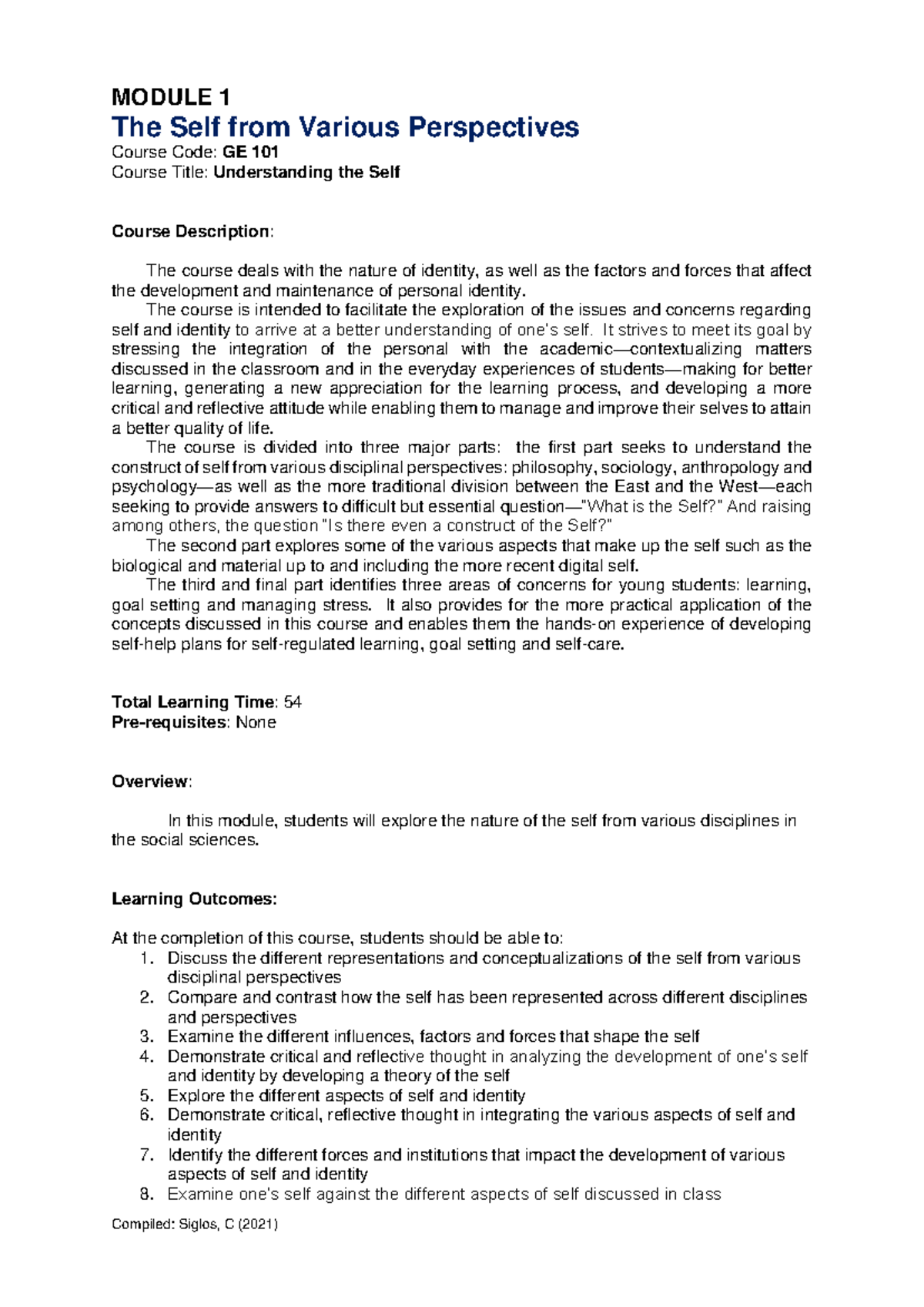 GE-101-USelf Module-1 - MODULE 1 The Self from Various Perspectives ...