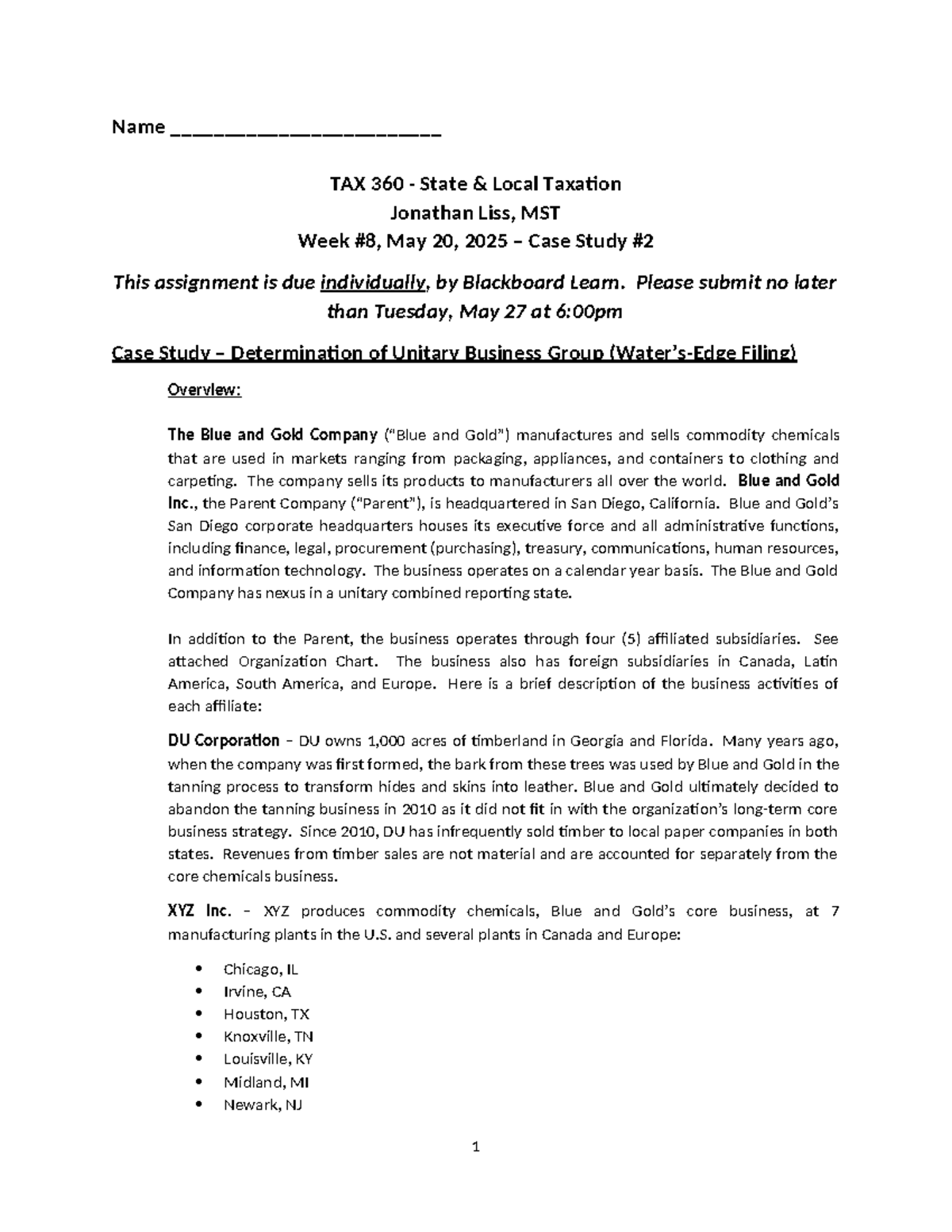 Case Study: Unitary Business Group Analysis - TAX 360 Spring 2025 - Studocu