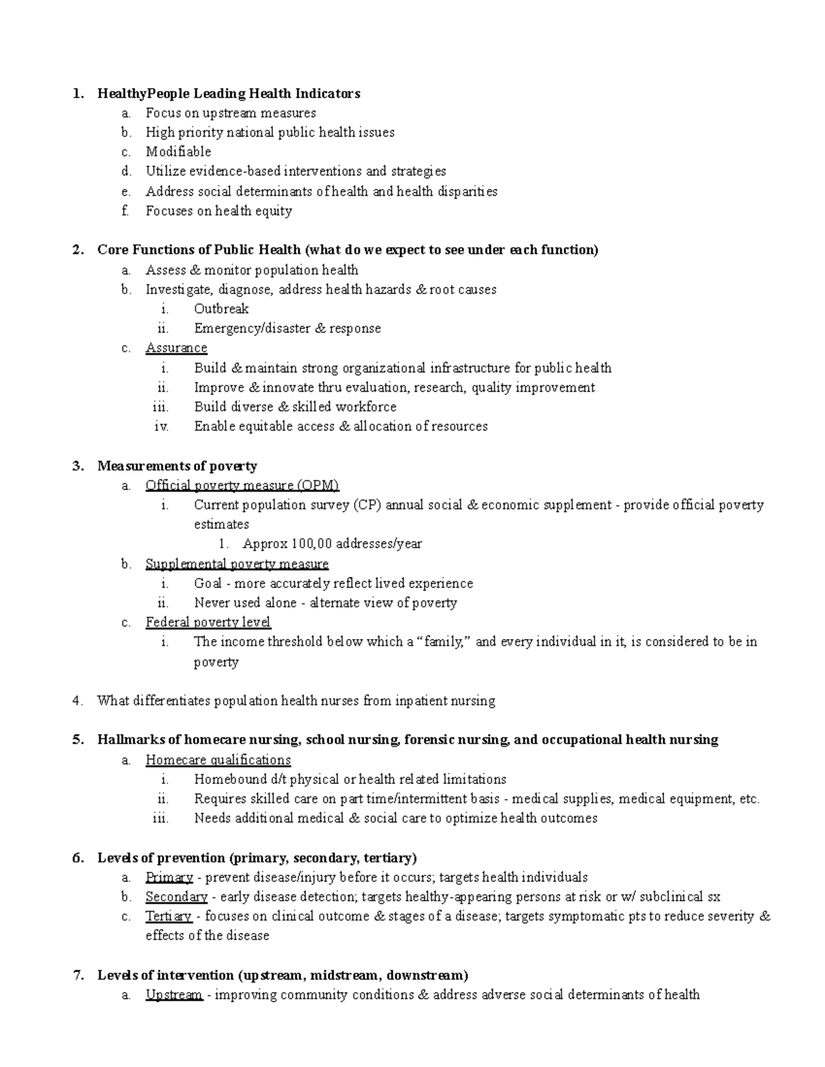 Quiz 1 outline - HealthyPeople Leading Health Indicators a. Focus on ...