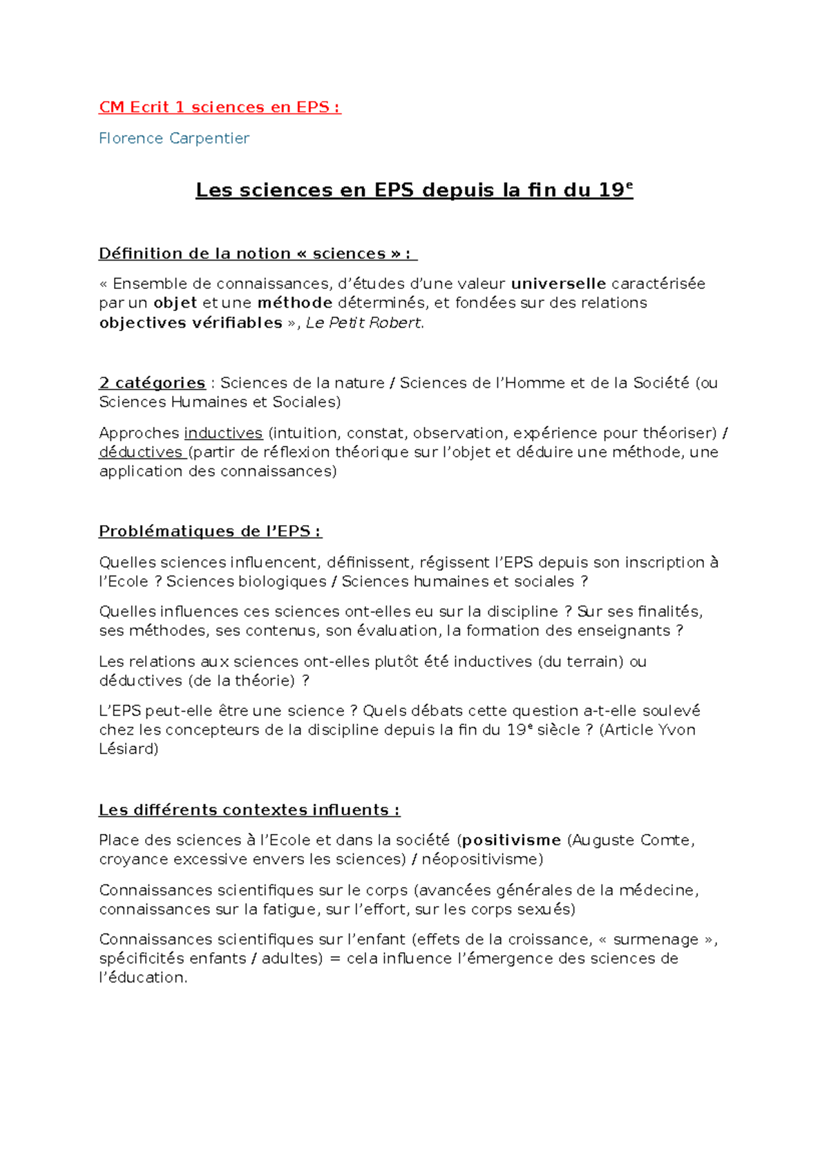 CM Ecrit 1 : Les Sciences en EPS depuis le 19e Siècle - Studocu