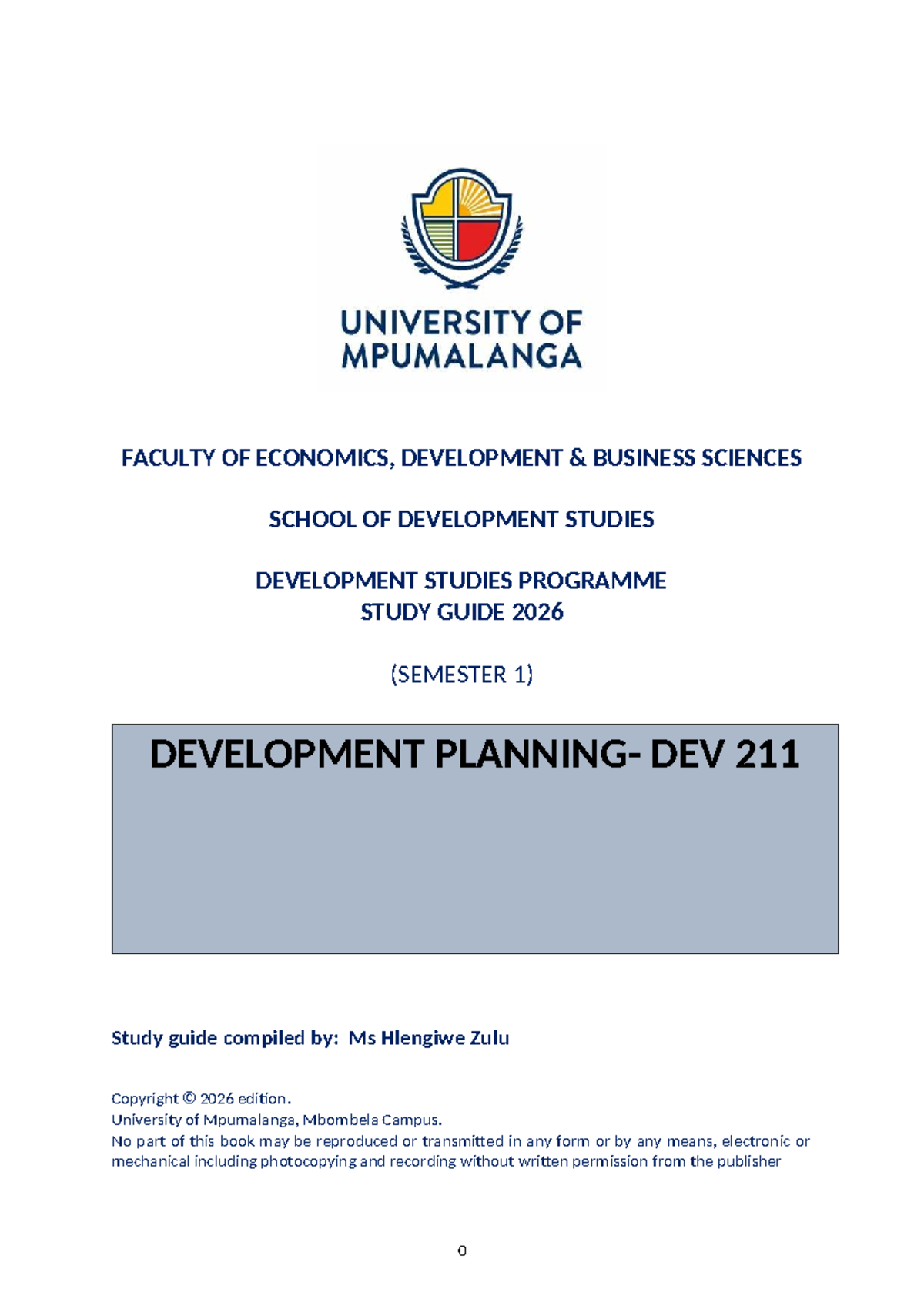 DEV 211 Development Planning Study Guide 2026 (Semester 1) - Studocu