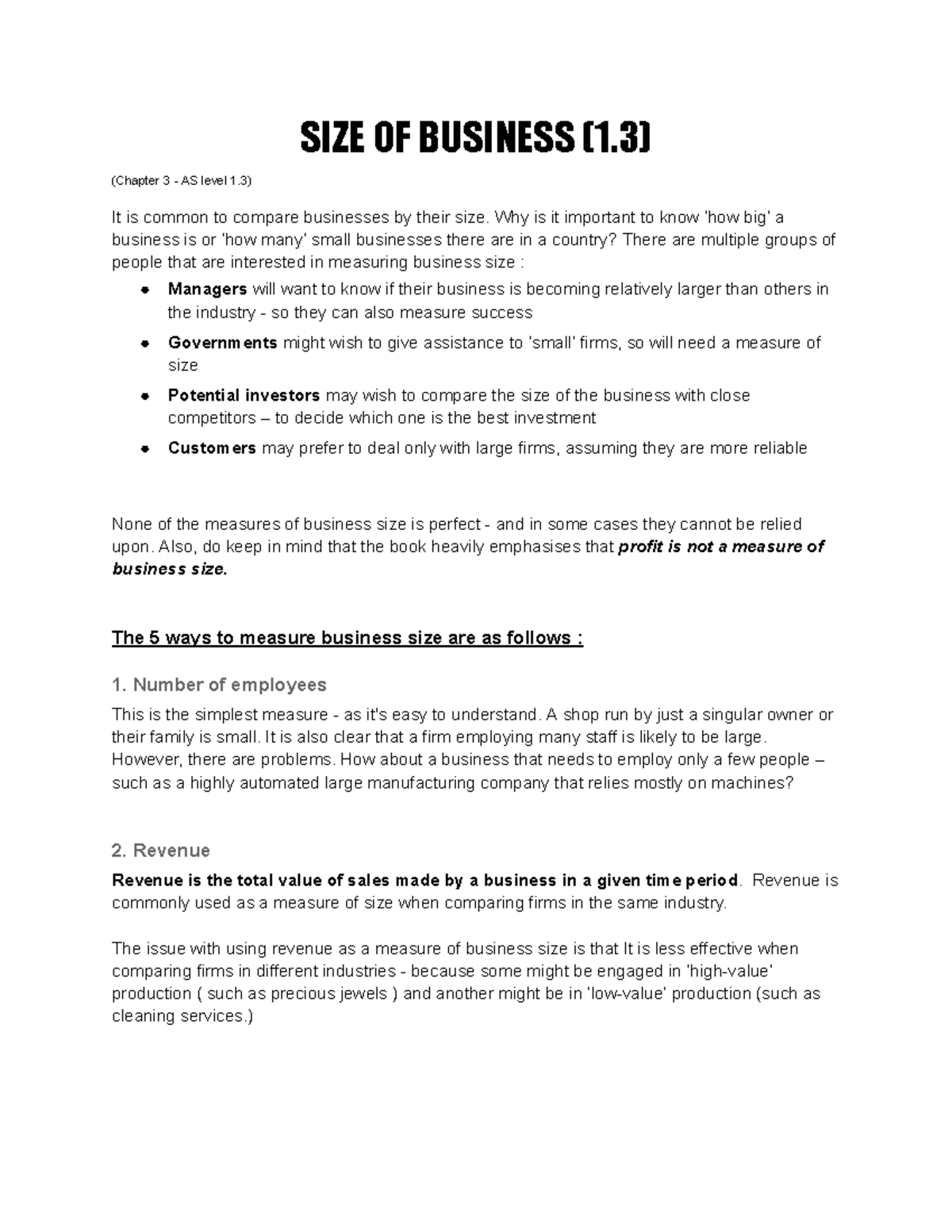 SIZE OF BUSINESS (1.3) - Chapter 3 AS Level Analysis - Studocu