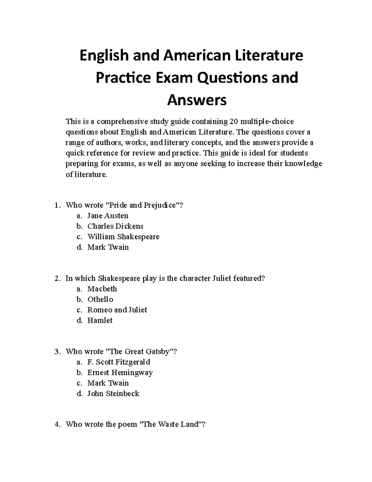 ENG 101: Literature Practice Exam Questions & Answers Guide - Studocu