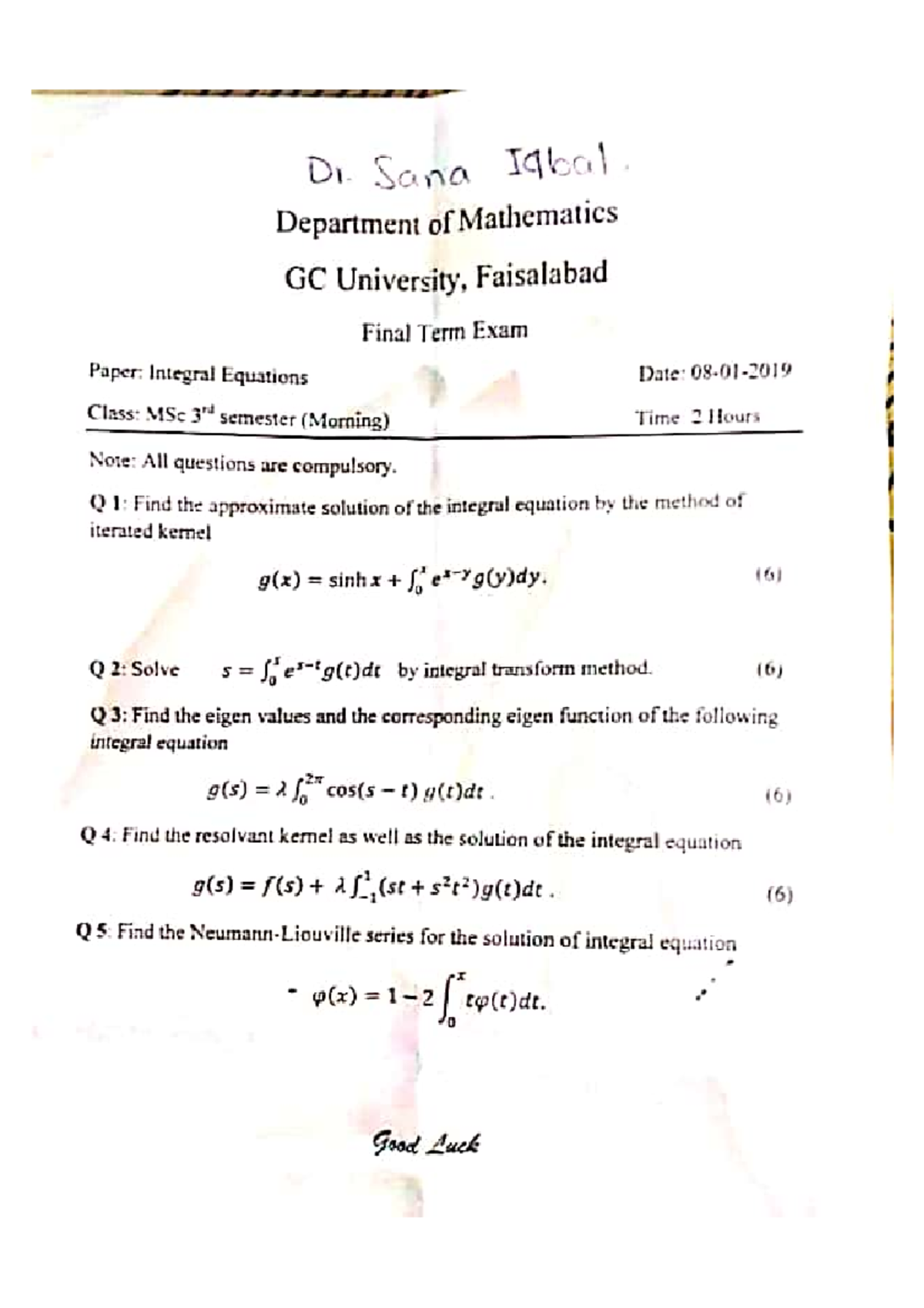 MATH 301 Final Term Exam Paper: Integral Equations Past Papers - Studocu