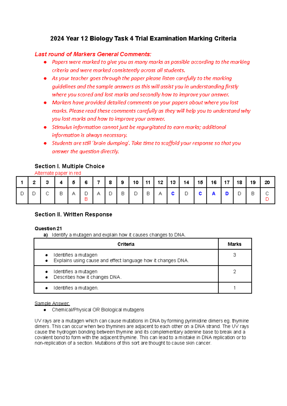 Year 12 Biology 2024 Trial Exam Marking Criteria and Feedback - Studocu