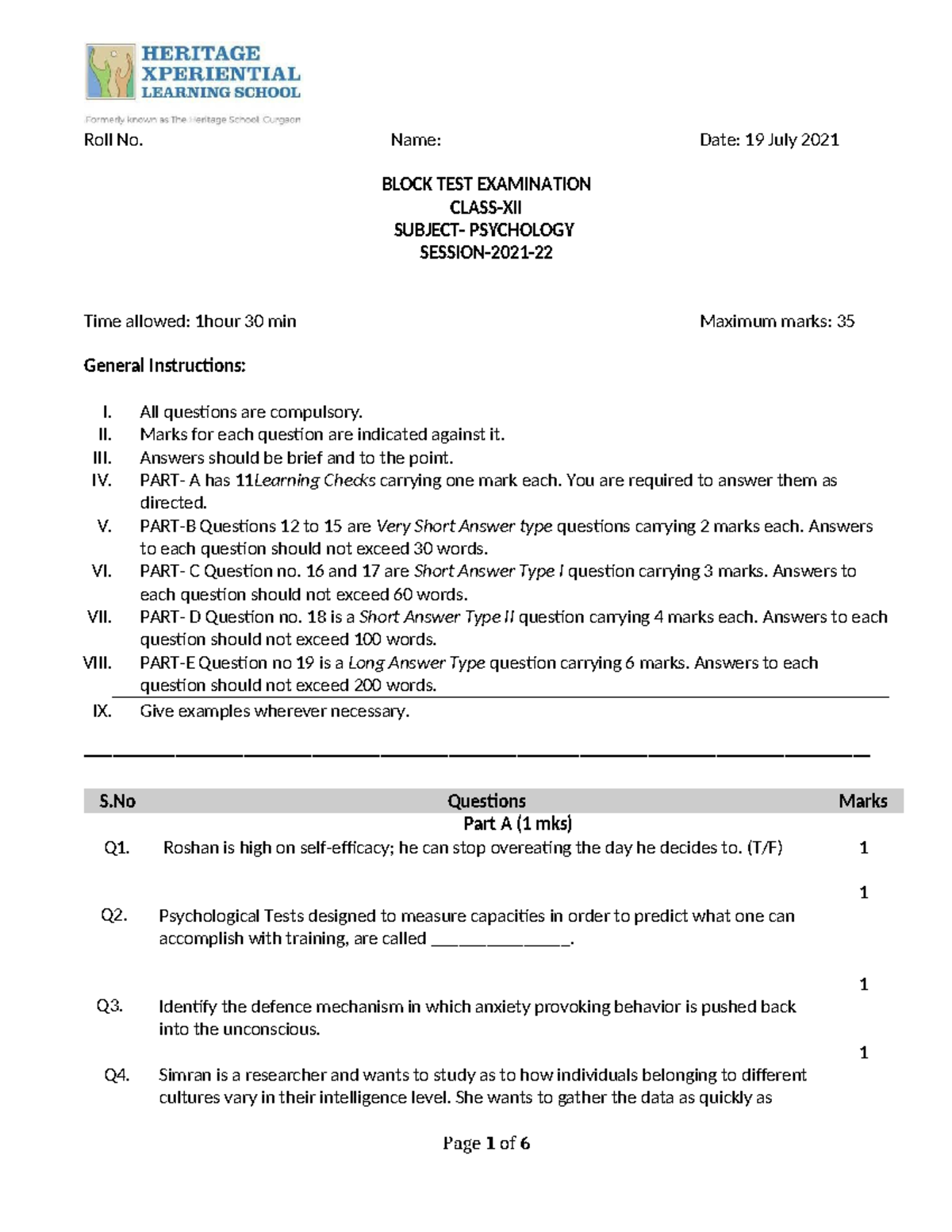 Grade XII Psy QP block Test 21-22 - Roll No. Name: Date: 19 July 2021 ...
