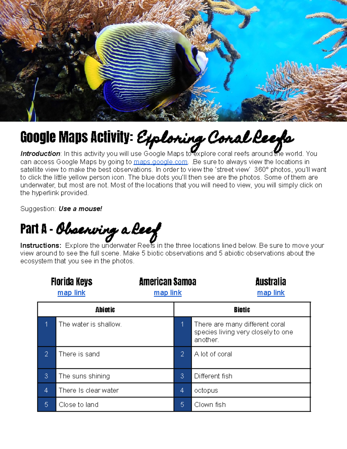 Coral Reef Exploration Activity 1SE: Google Maps Guide - Studocu