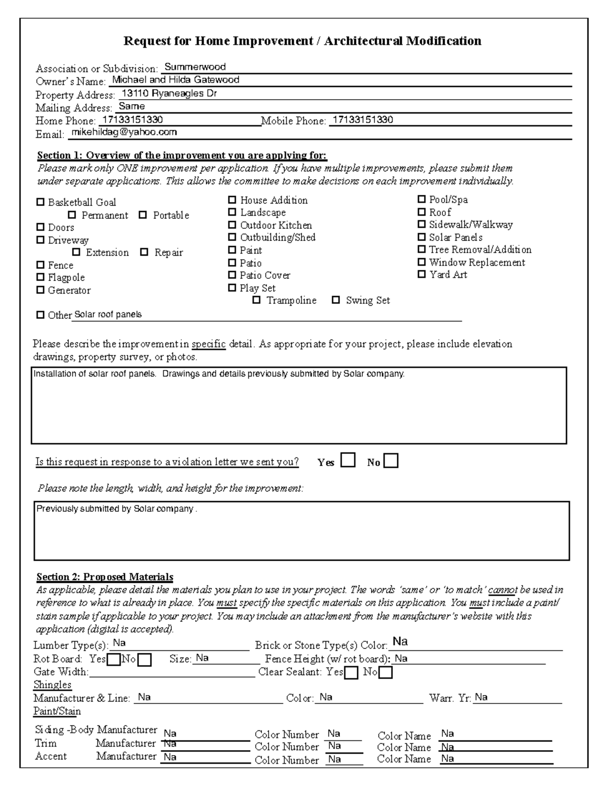 Summerwood ARC Application 2024 - Request for Home Improvement ...