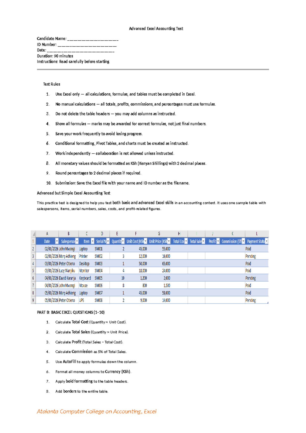 Advanced Excel Accounting Test (ACC 101) - Practice Questions - Studocu