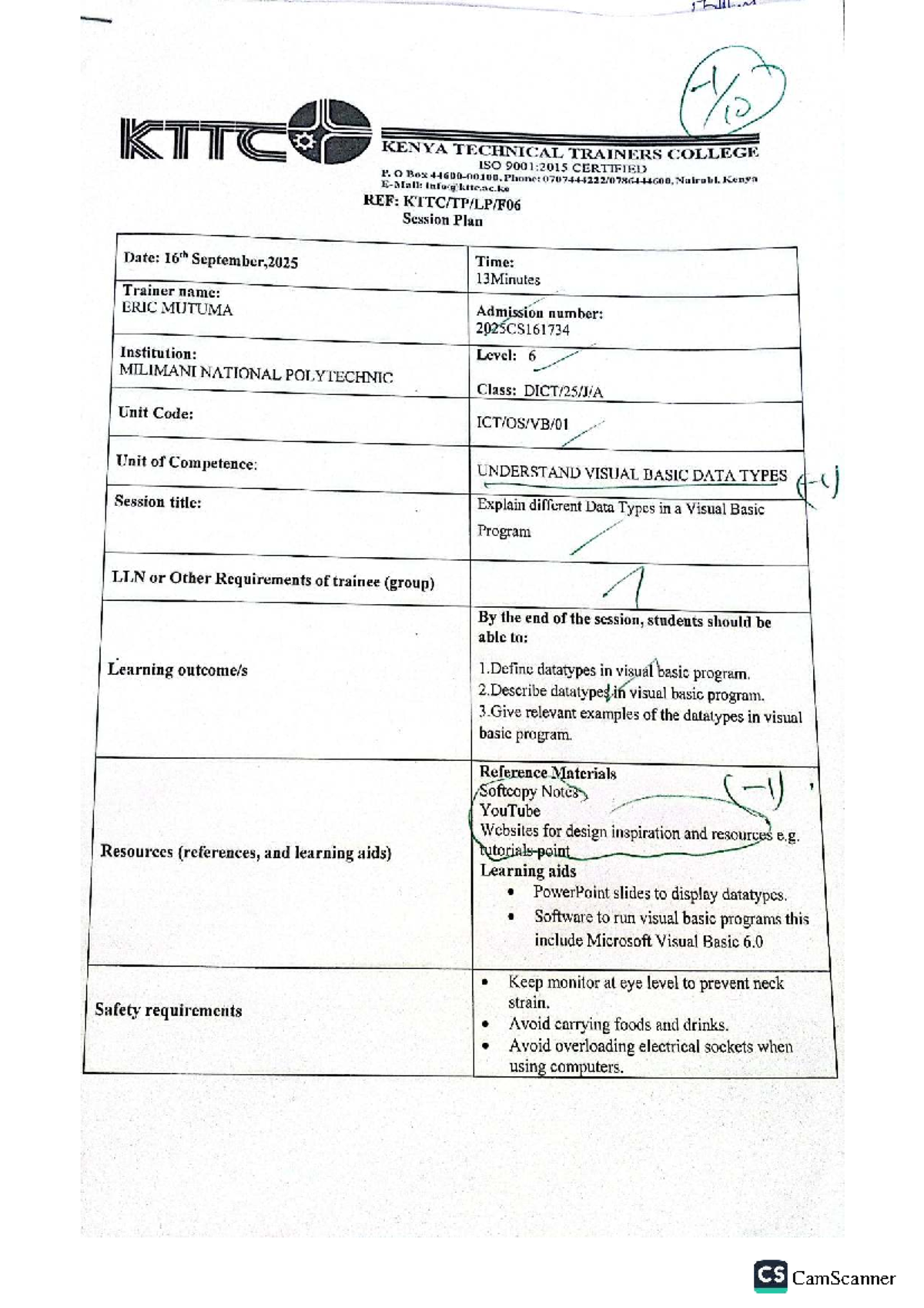 CS Session Plan: Understanding Visual Basic Data Types - Studocu