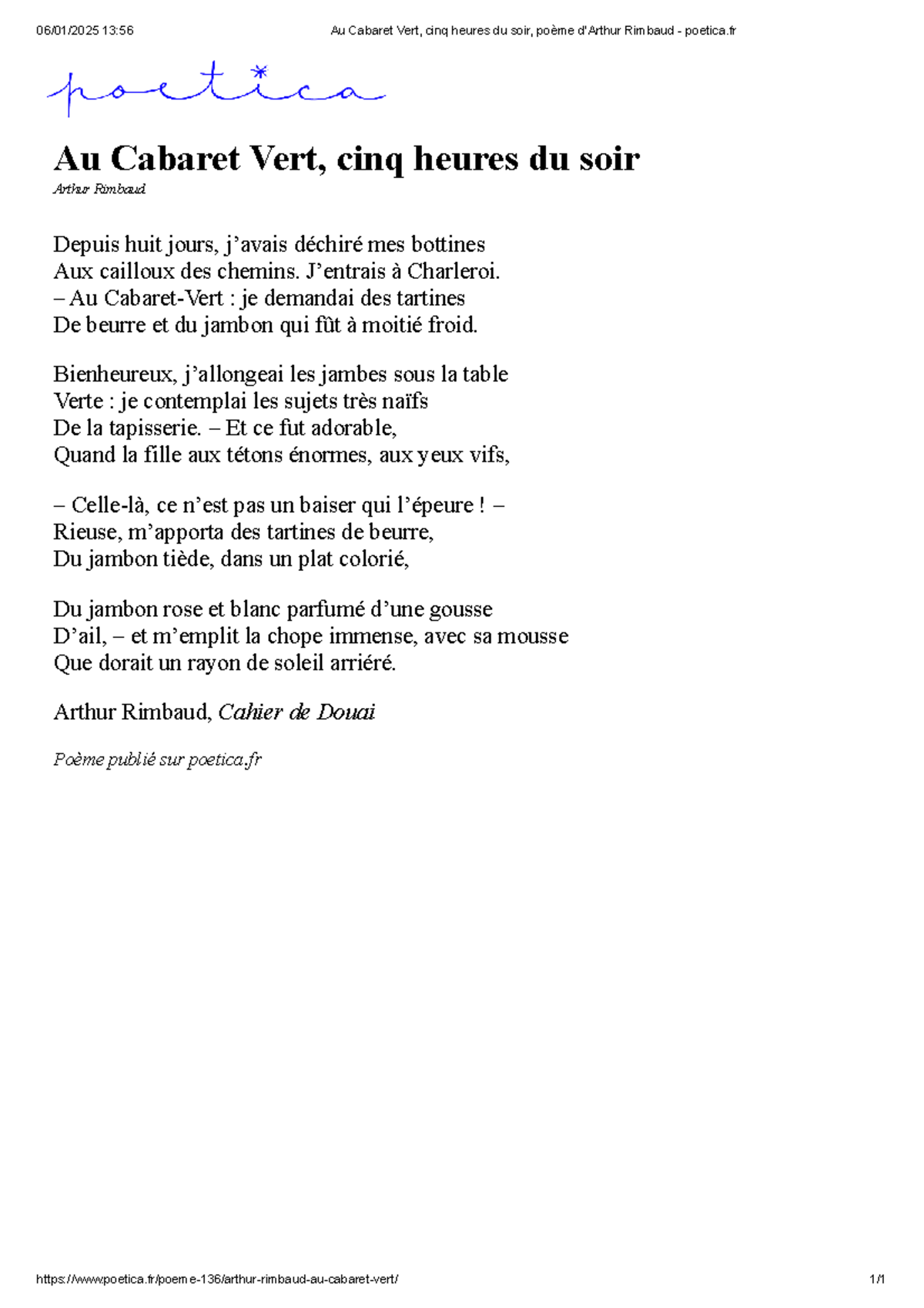 Au Cabaret Vert: Poème d'Arthur Rimbaud - Analyse et Interprétation ...
