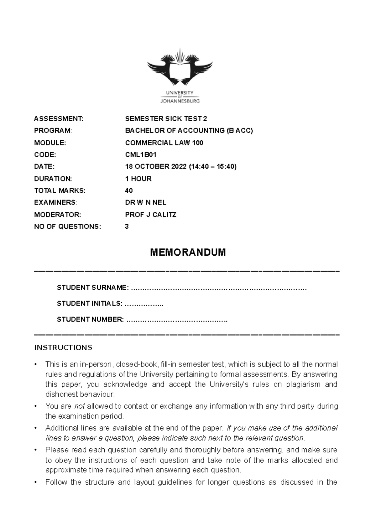 Semester SICK Test 2 - 18 Oct 2022 MEMO - ASSESSMENT: SEMESTER SICK ...