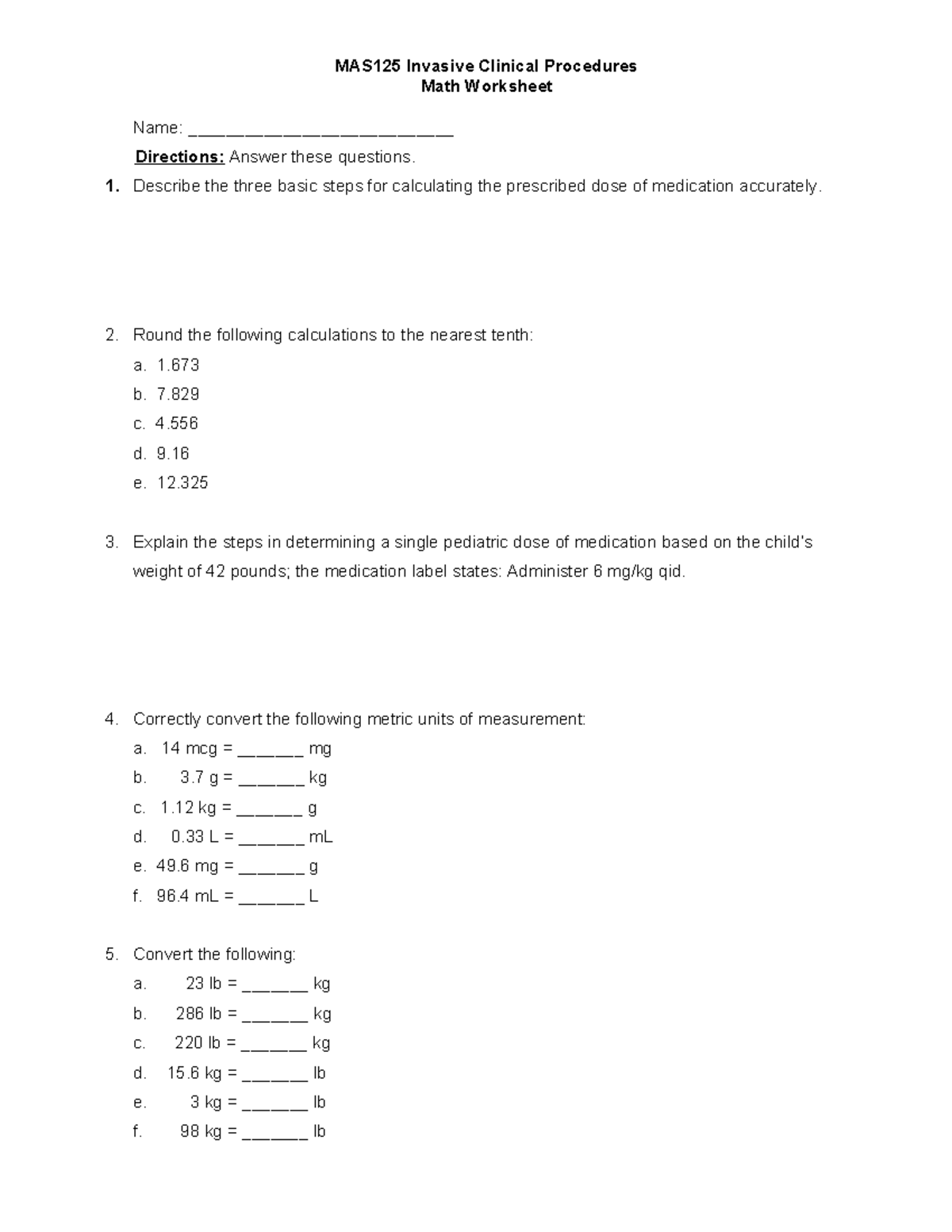 GMAS125M.1 Week 4 Math Worksheet: Medication & Measurement Calculations ...