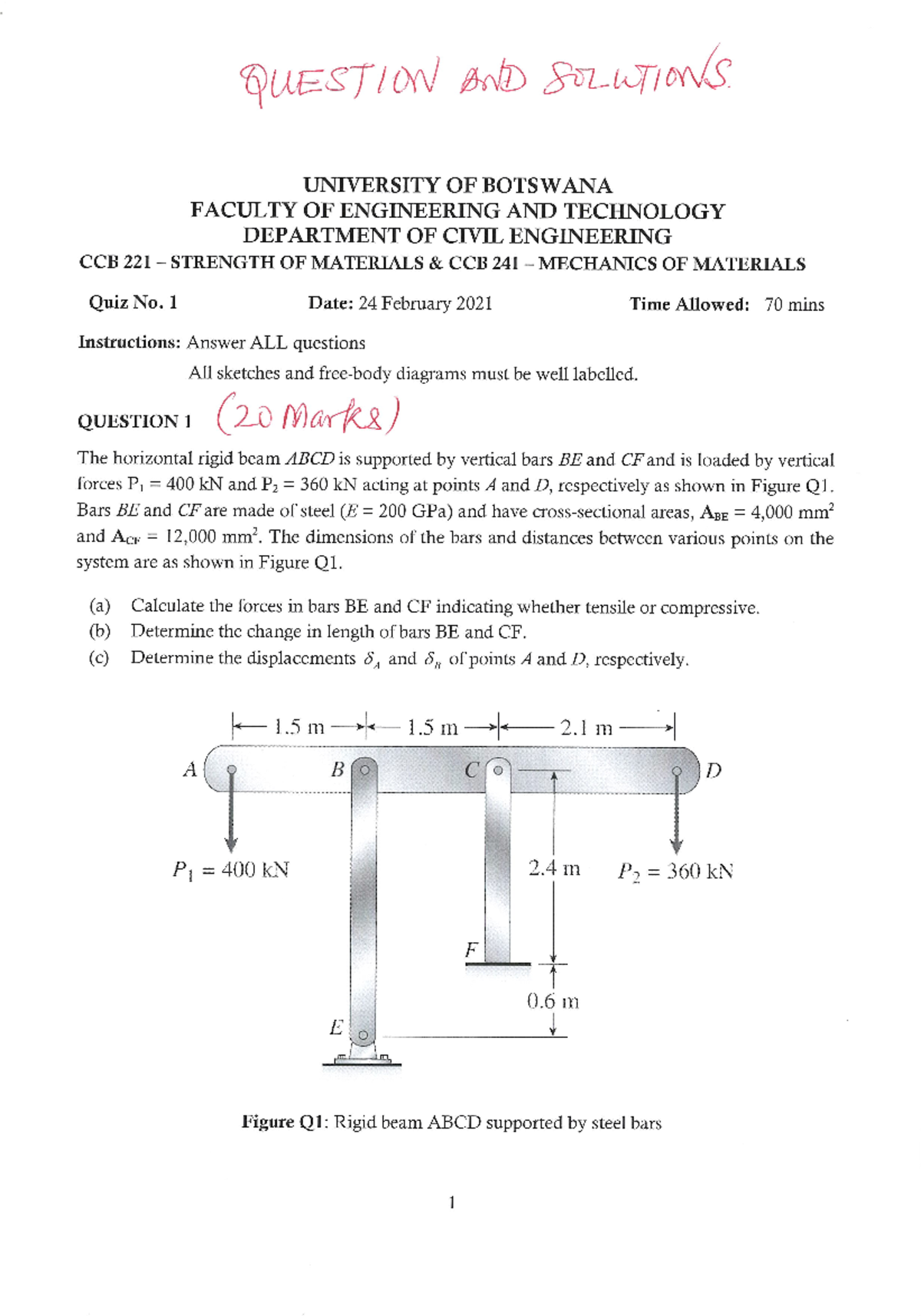 Quiz 1 - Marking Solutions for CCB 221 & CCB 241 Strength of Materials ...