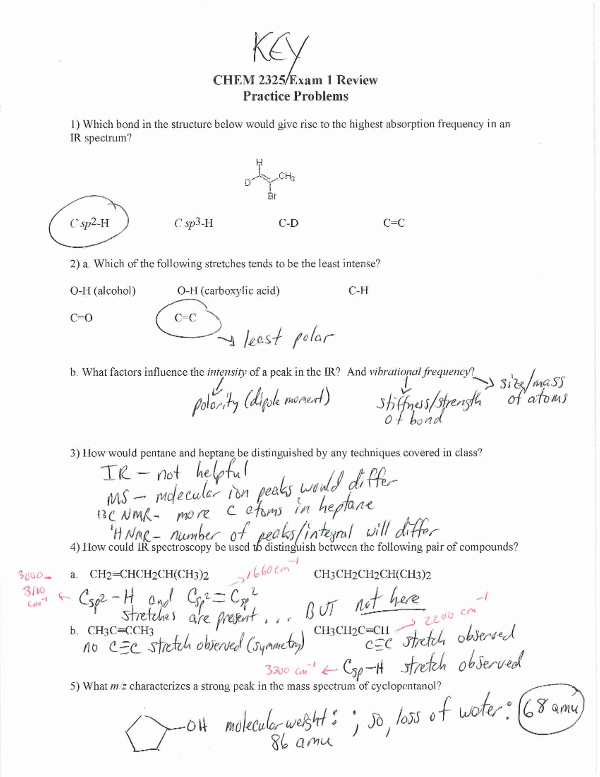 KEY CHEM 1 Practice Problems: Exam 1 Review on IR & NMR Techniques ...