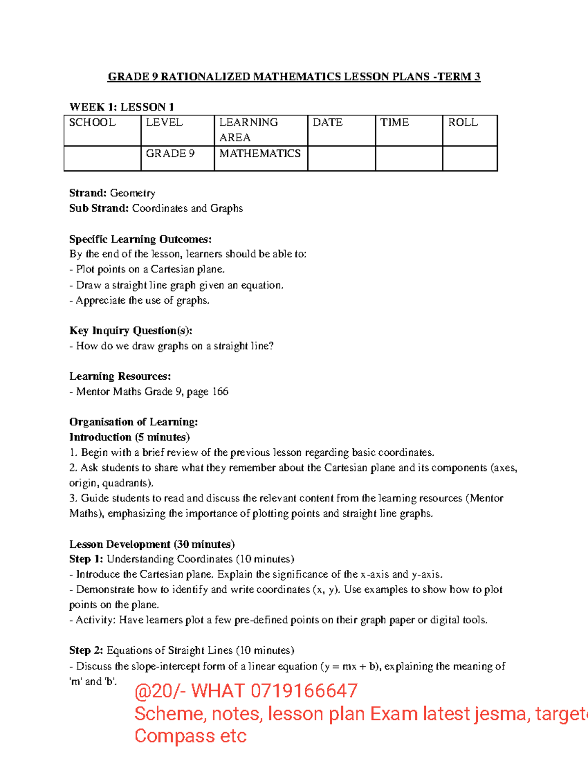 GRADE 9 MATHEMATICS TERM 3 LESSON PLANS: GEOMETRY & SCALE DRAWING - Studocu