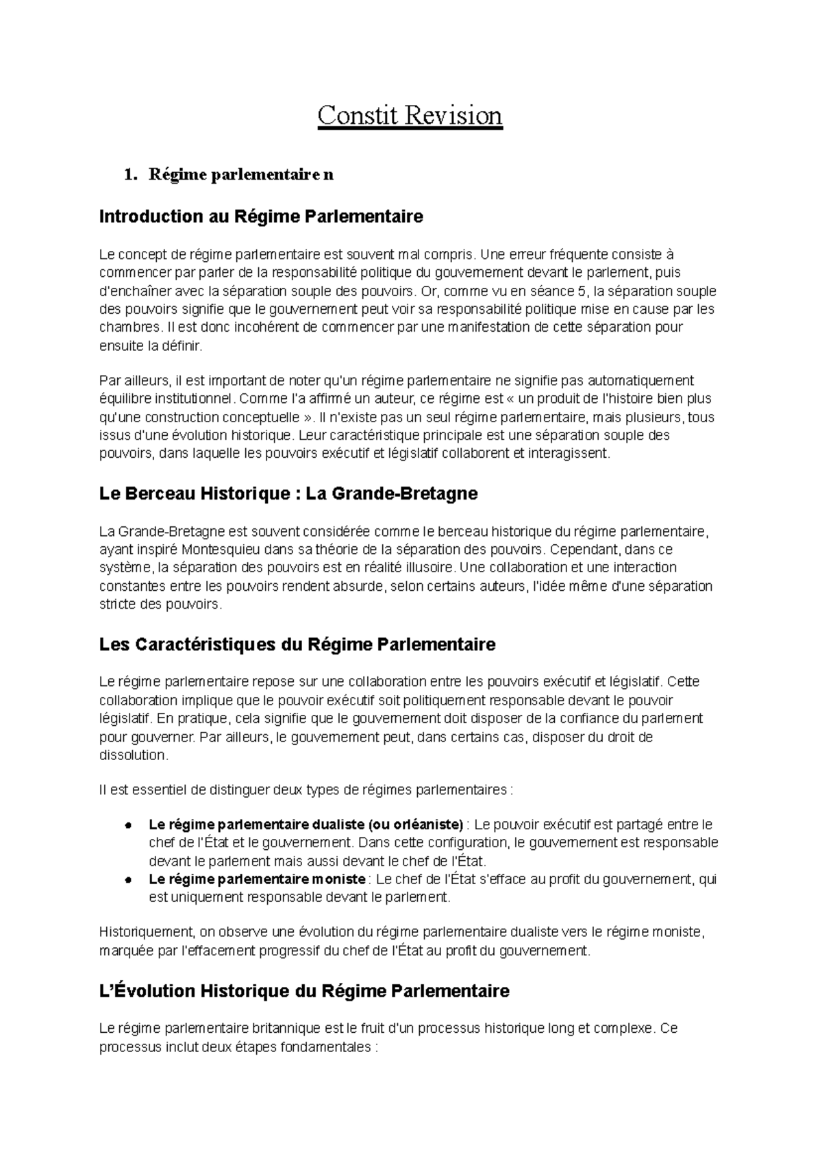 Constit Revision Notes - Constit Revision 1. Régime parlementaire n ...